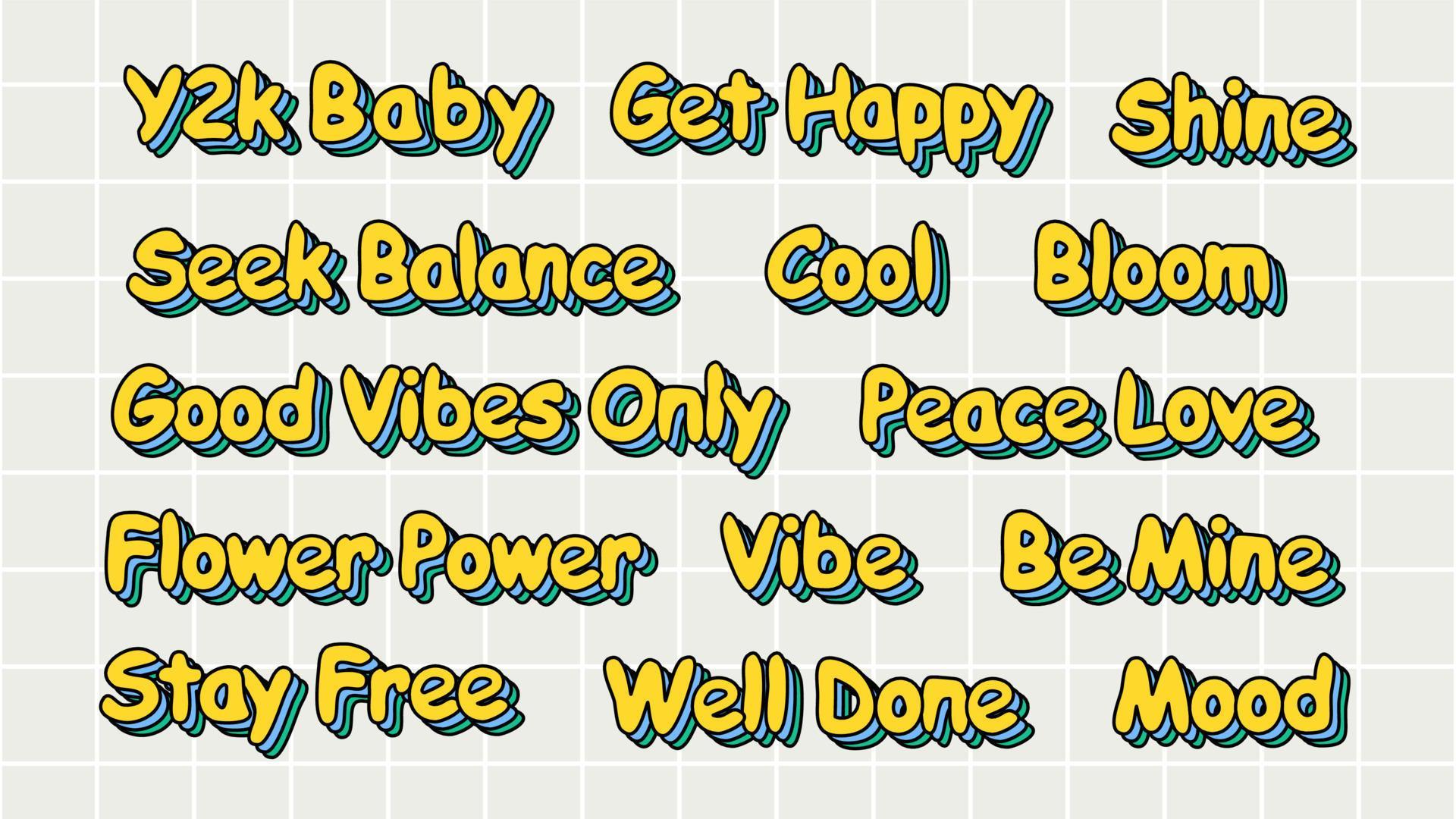 Set of hipster retro cool slogans and phrases. A collection of groovy word stickers with a 70s ...