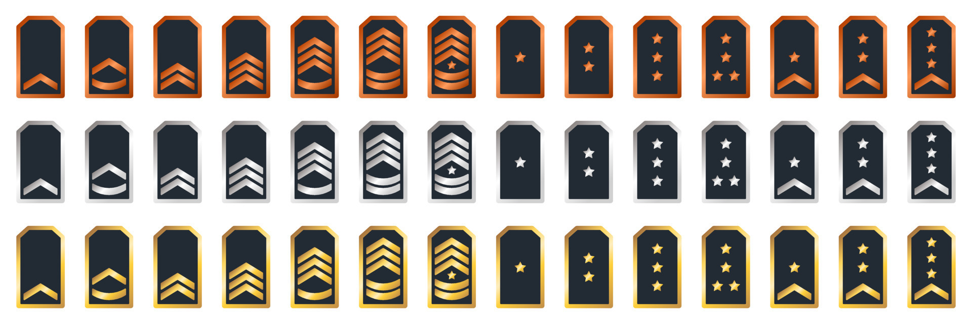Military Insignia Soldier Icon Set. Sergeant, General, Major, Officer, Lieutenant, Colonel Patch ...
