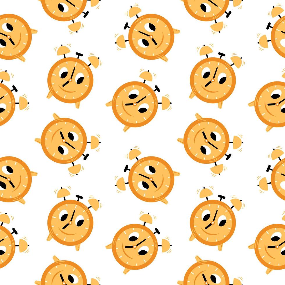 Vector Seamless Pattern With Cute Alarm Clock Clock With Eyes And Smile Back To School