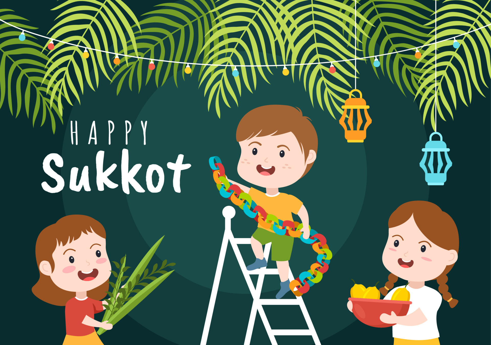 Happy Jewish Holiday Sukkot Hand Drawn Cartoon Flat Illustration with sukkah, etrog, lulav ...