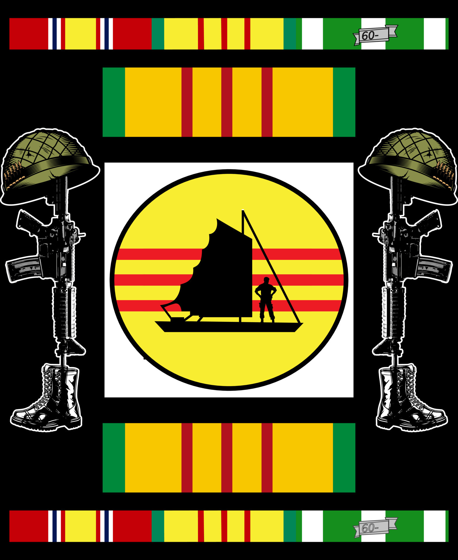 Vietnam Veteran Ribbon Bar And M4a1 Gun With Military Helmet And Boots Vector Illustration Eps