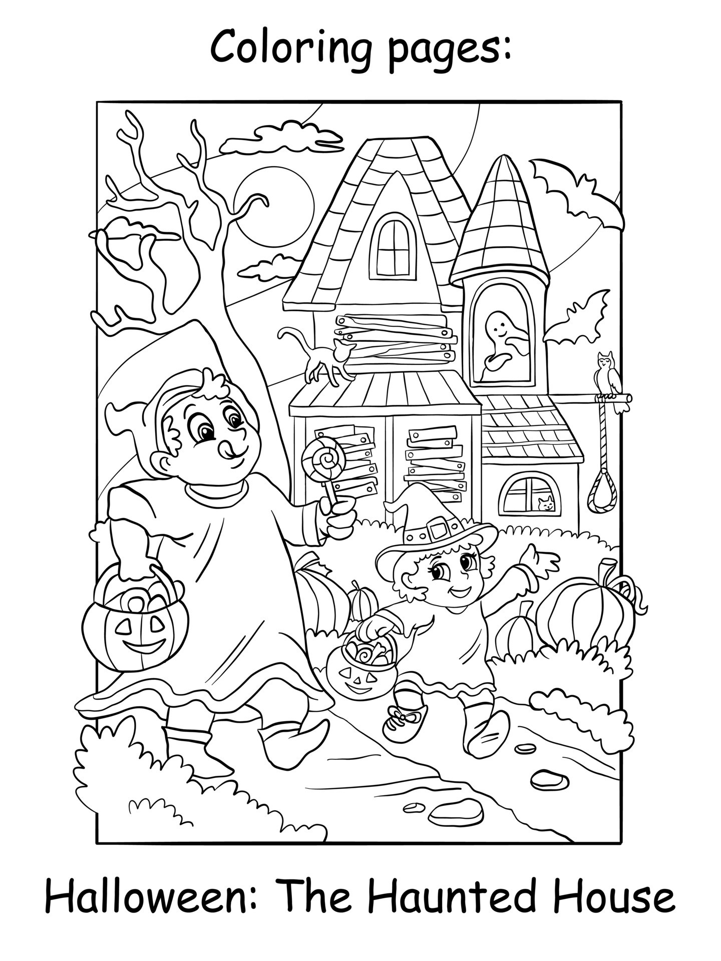 Coloring Halloween children walk past a haunted house vector ...