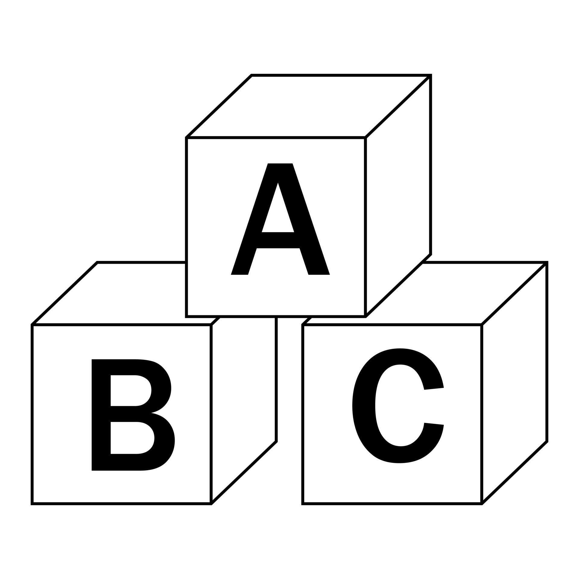 Wooden alphabet cubes with letters A, B, C, black outline isolated ...