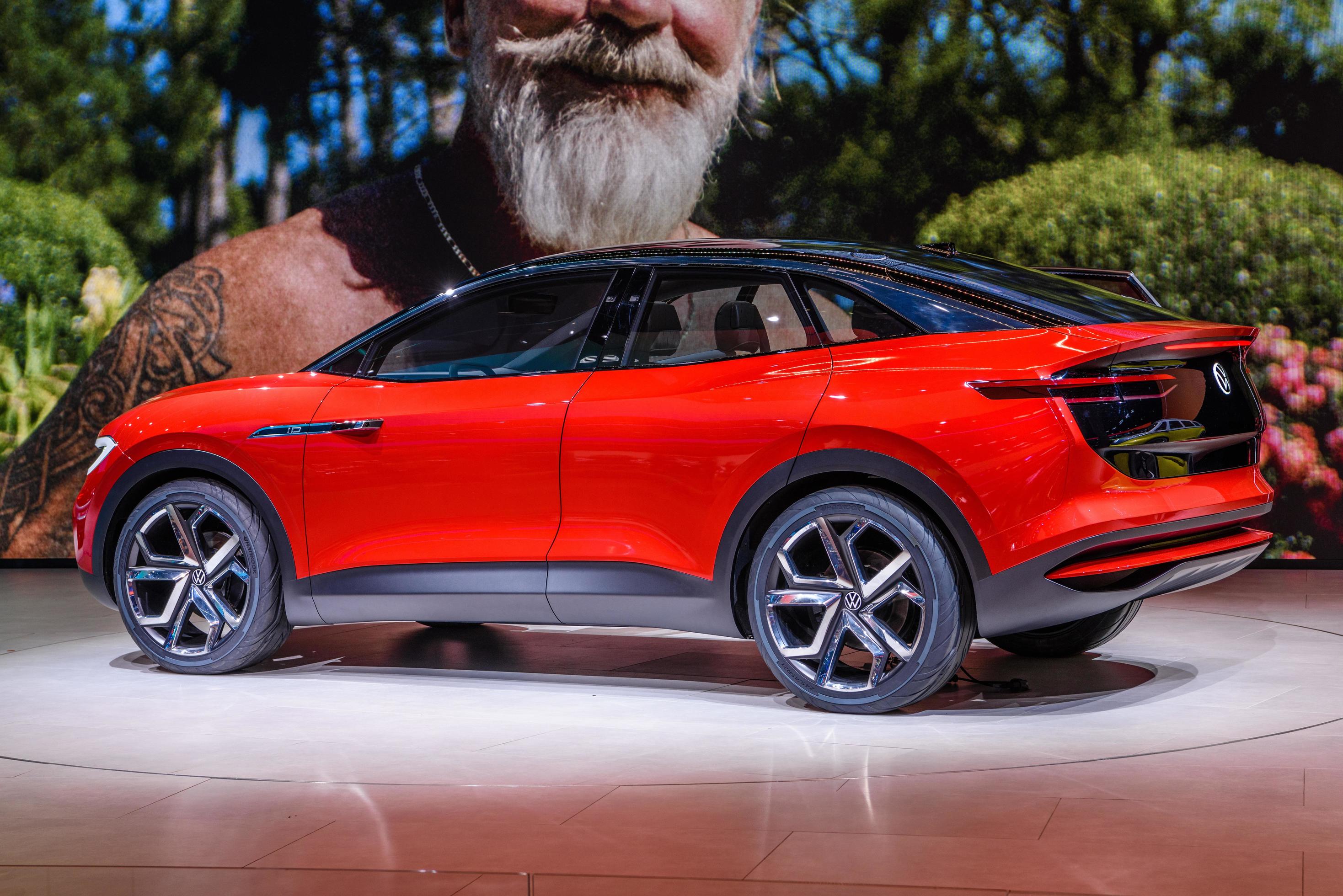 FRANKFURT, GERMANY - SEPT 2019 red VOLKSWAGEN VW I.D. CROZZ is an electric SUV concept car based ...