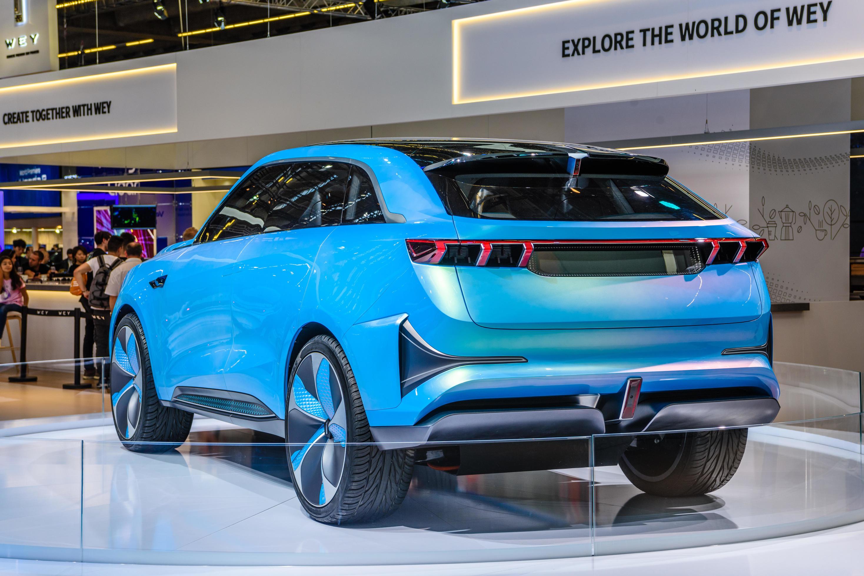 FRANKFURT, GERMANY - SEPT 2019 sky blue Great Wall Motors WEY-X Concept electric SUV Car, IAA ...