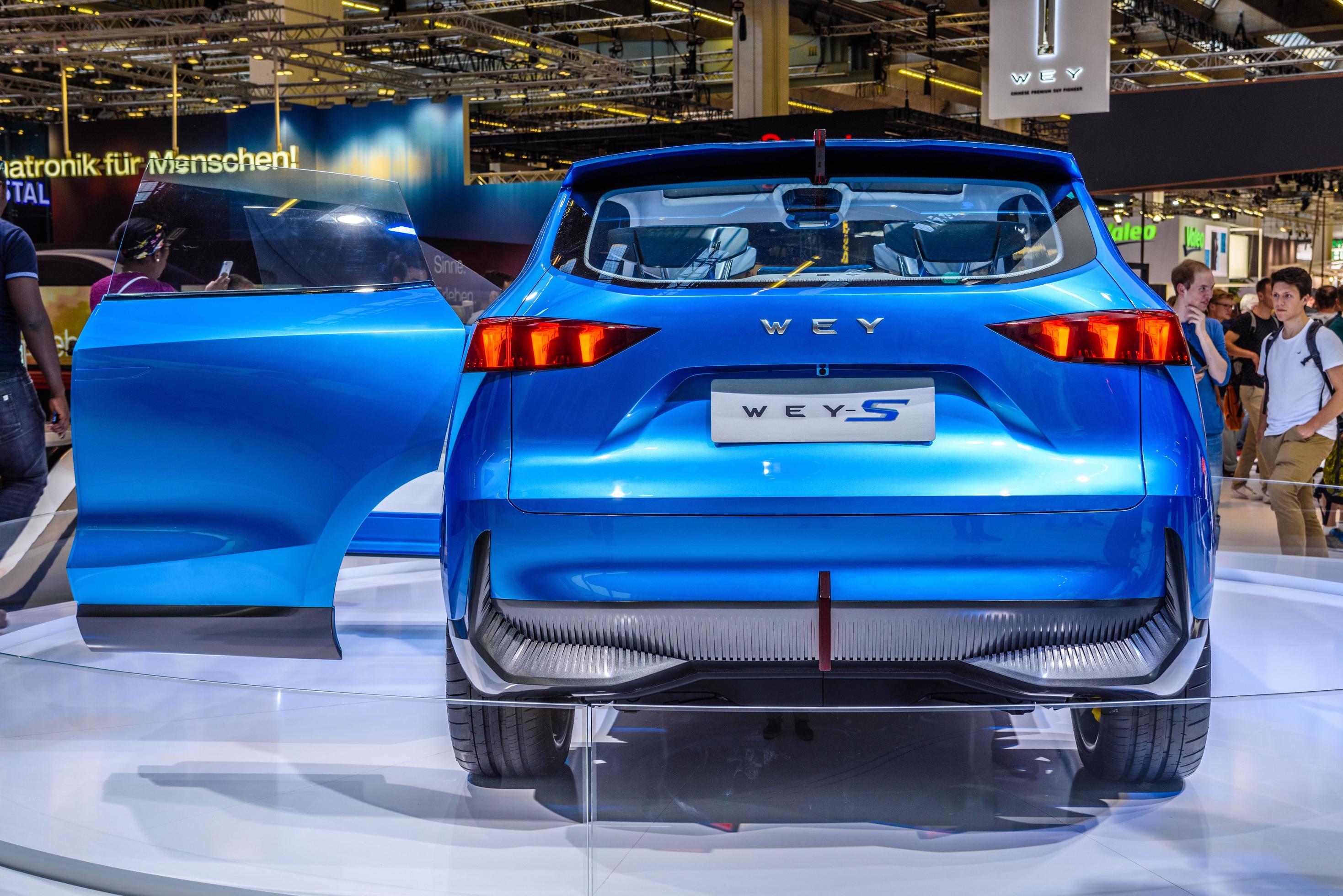 FRANKFURT, GERMANY - SEPT 2019 blue Great Wall Motors WEY-S Concept electric SUV Car, IAA ...