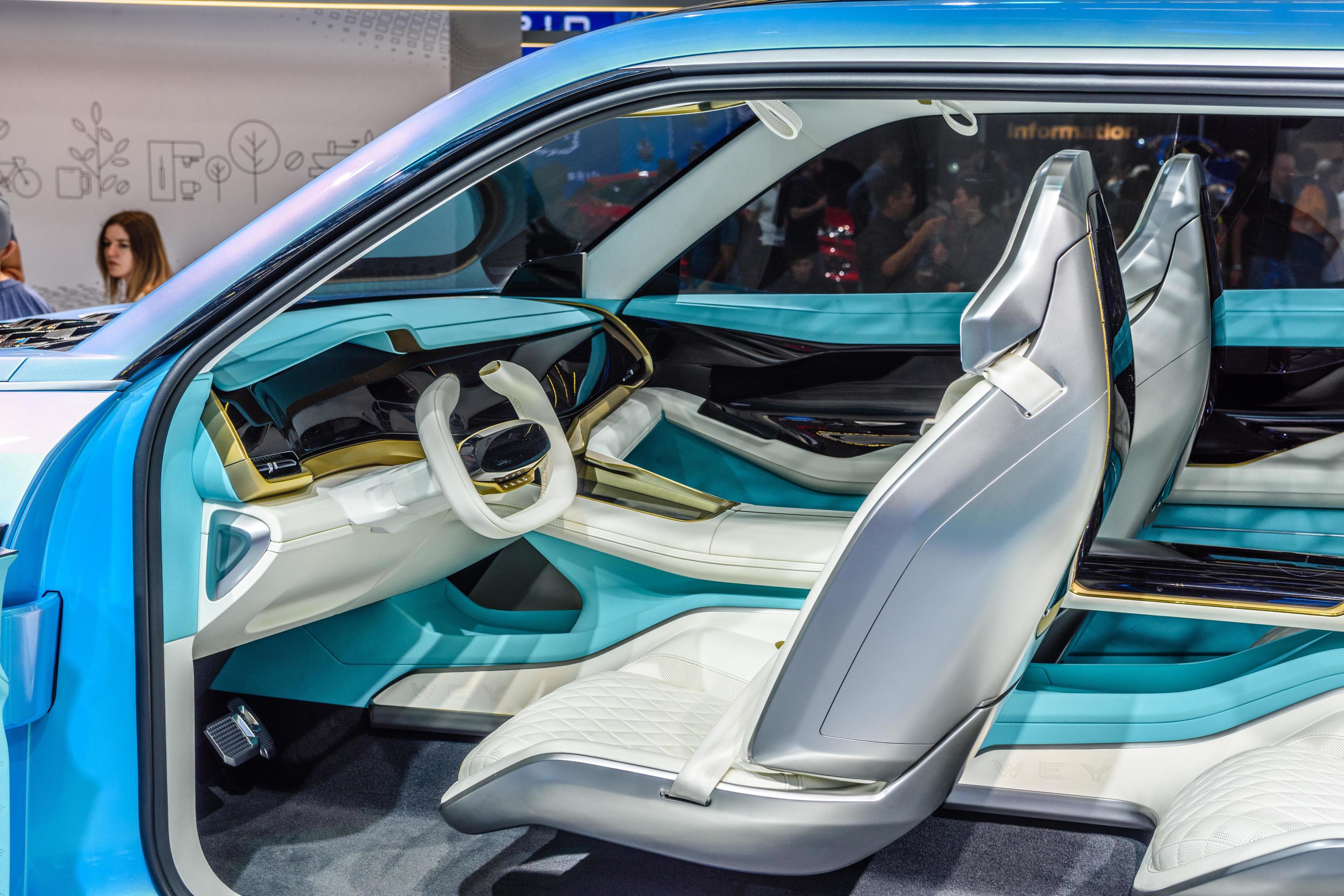 FRANKFURT, GERMANY - SEPT 2019 white interior of sky blue Great Wall Motors WEY-X Concept ...