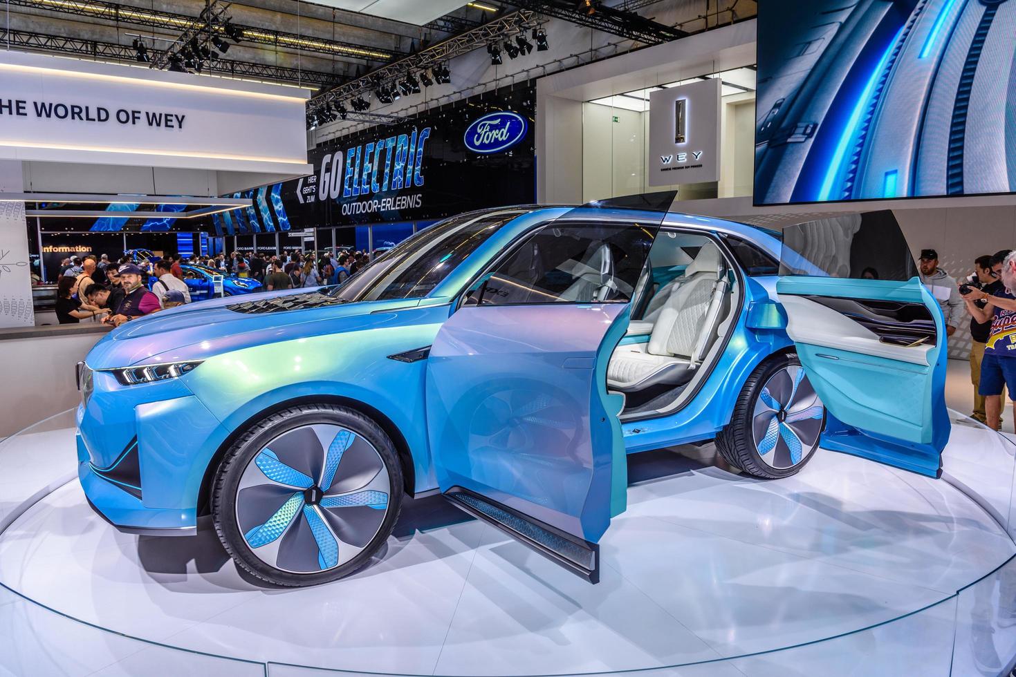 FRANKFURT, GERMANY - SEPT 2019 sky blue Great Wall Motors WEY-X Concept electric SUV Car, IAA ...