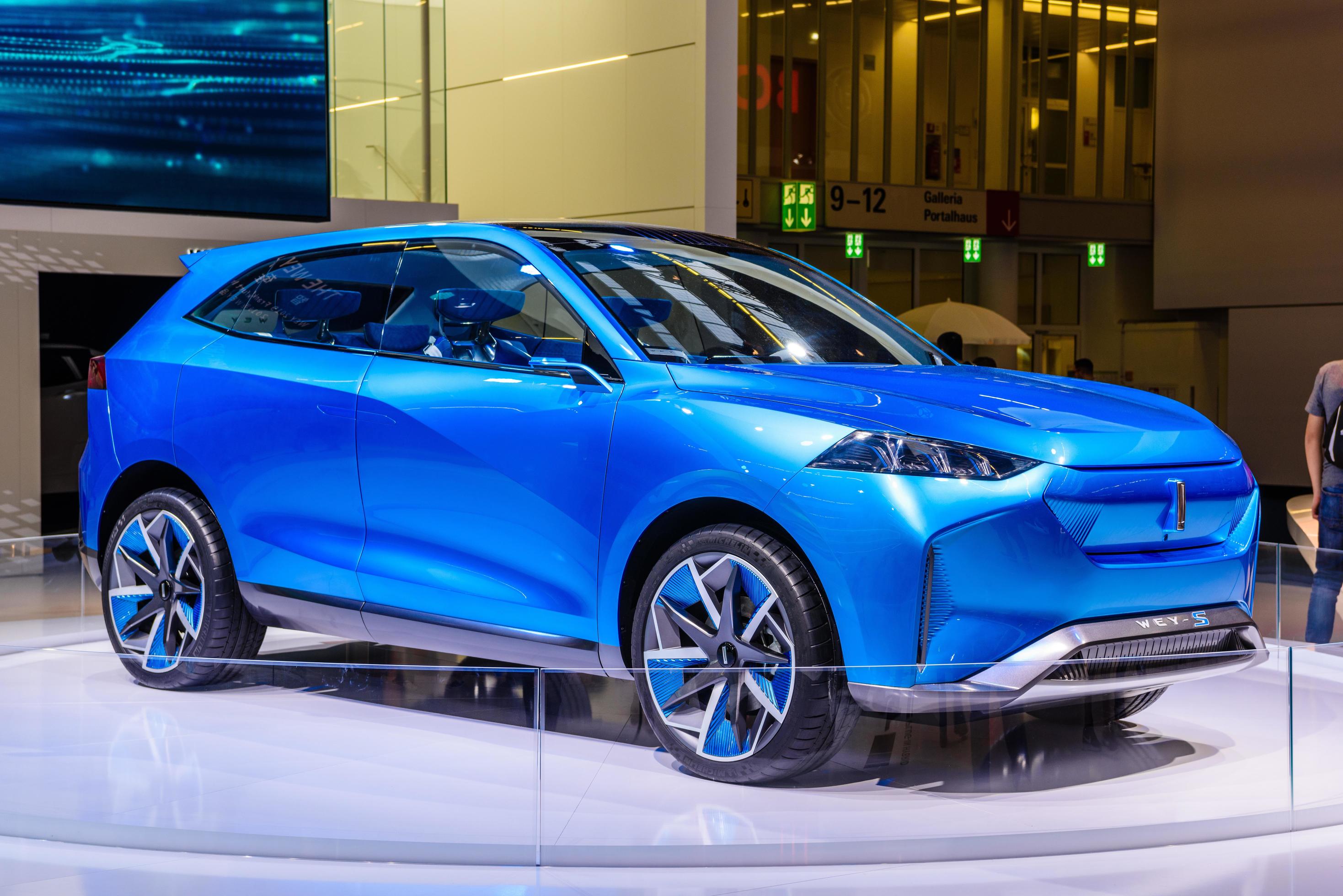FRANKFURT, GERMANY - SEPT 2019 blue Great Wall Motors WEY-S Concept electric SUV Car, IAA ...