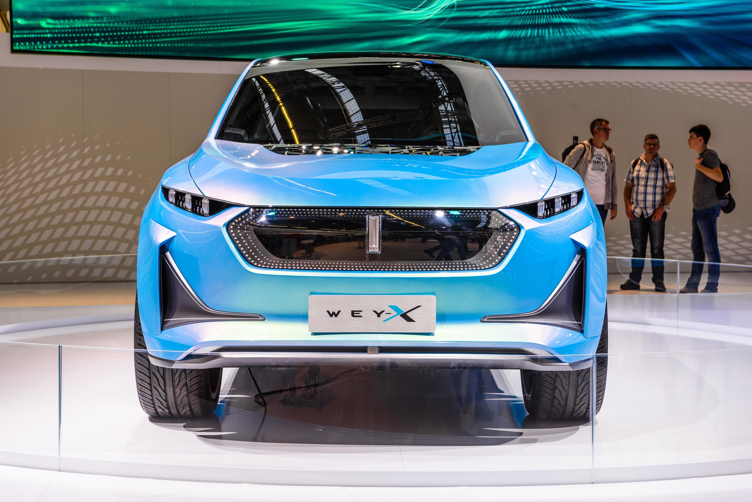 FRANKFURT, GERMANY - SEPT 2019 sky blue Great Wall Motors WEY-X Concept electric SUV Car, IAA ...