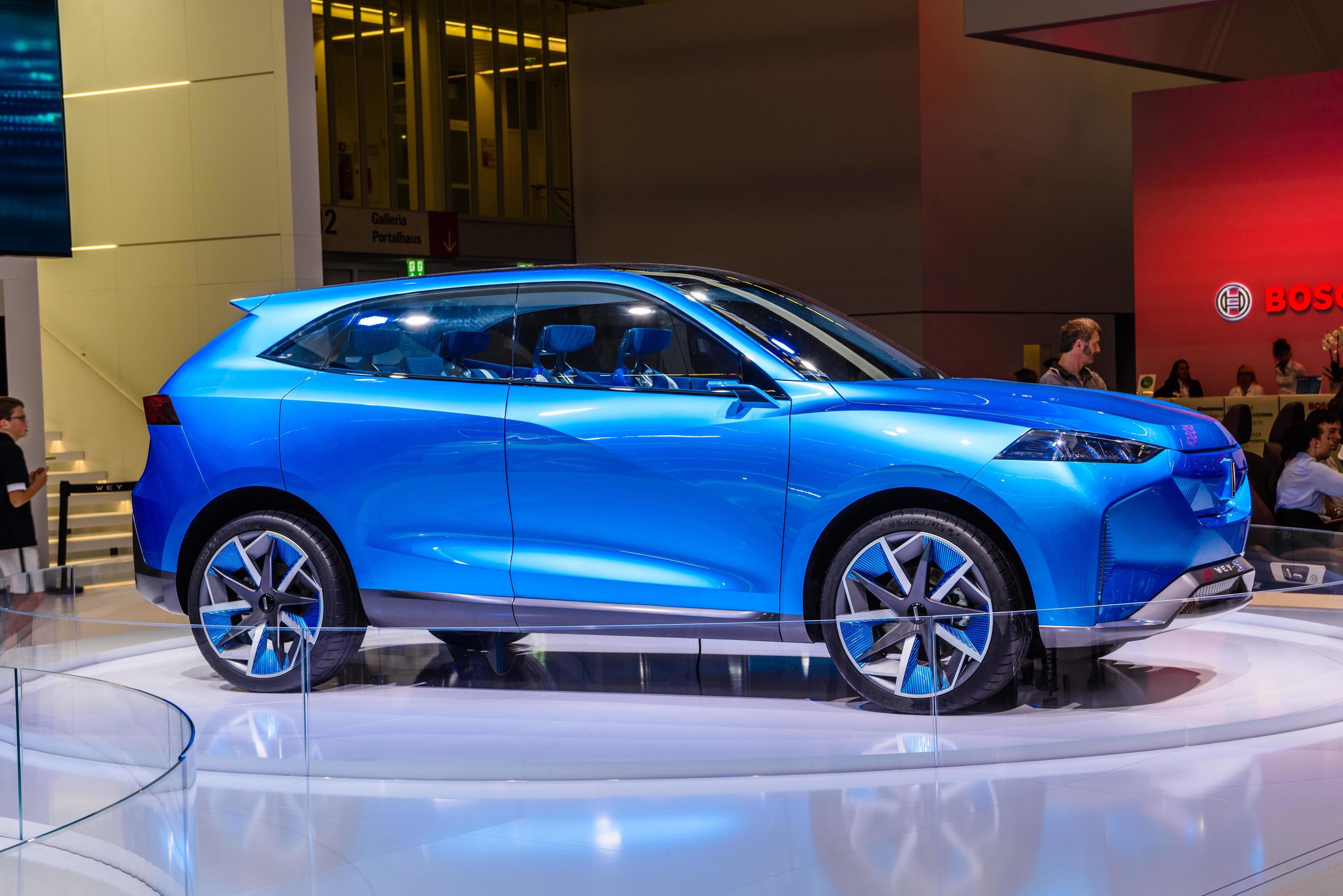 FRANKFURT, GERMANY - SEPT 2019 blue Great Wall Motors WEY-S Concept electric SUV Car, IAA ...
