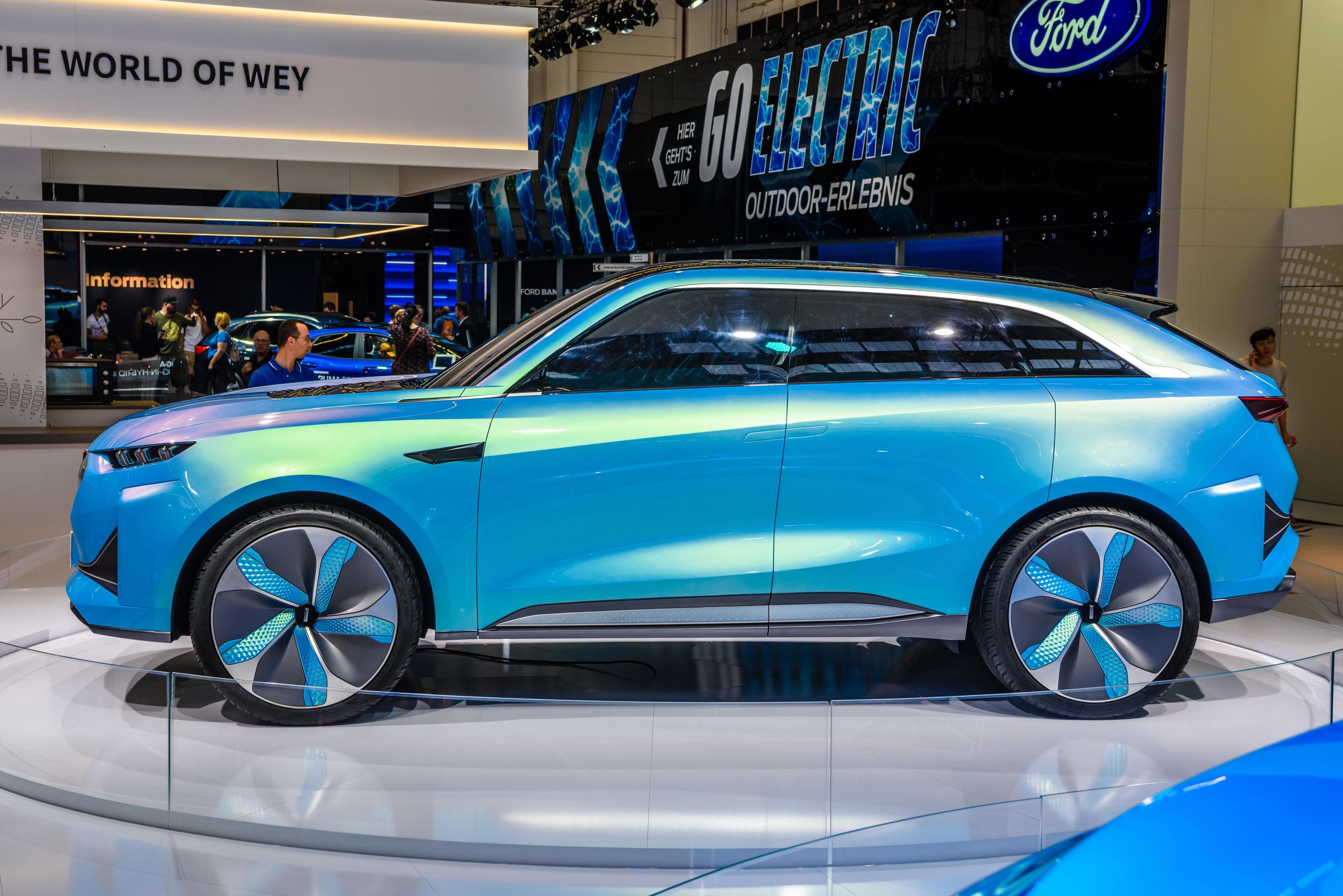 FRANKFURT, GERMANY - SEPT 2019 sky blue Great Wall Motors WEY-X Concept electric SUV Car, IAA ...