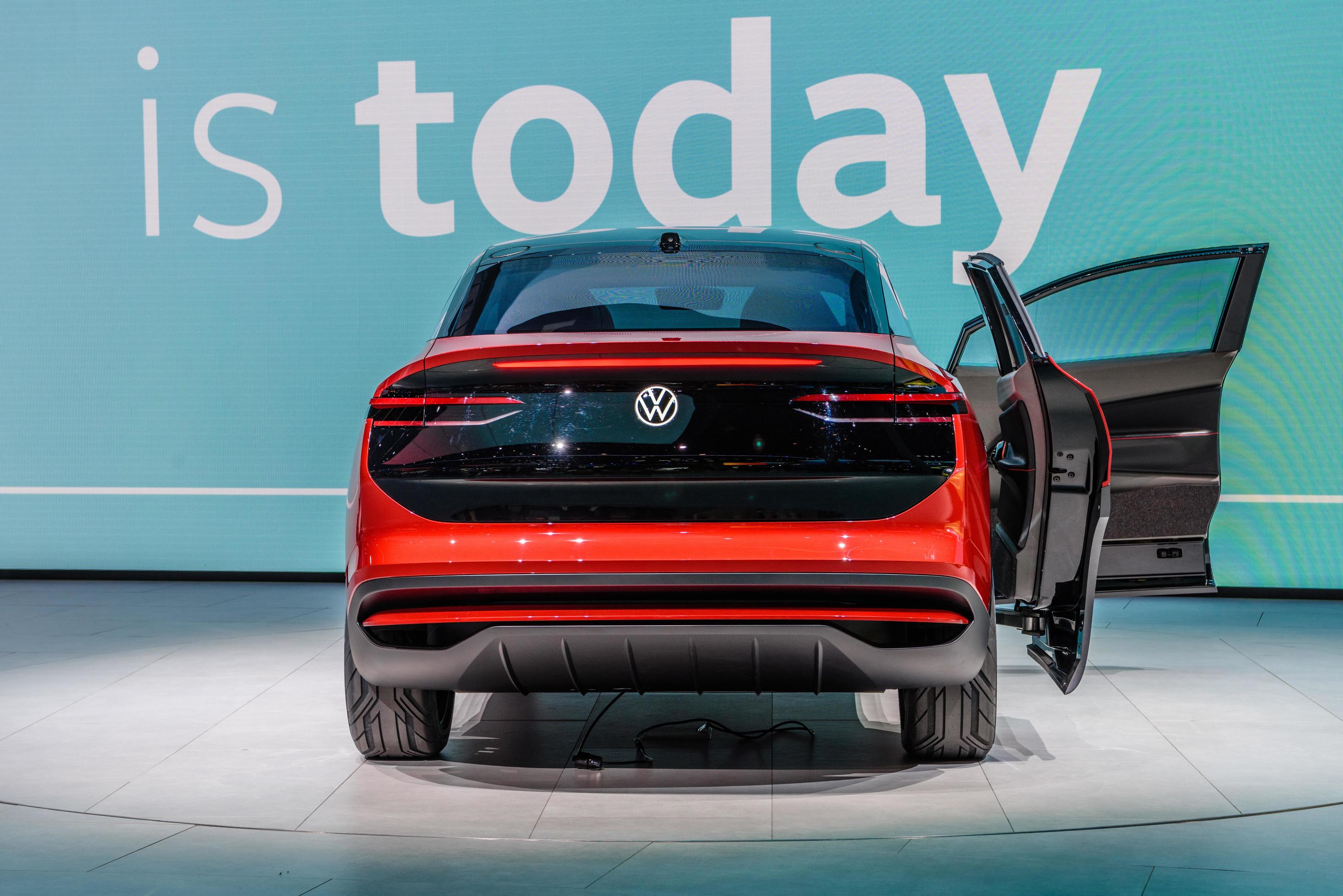 FRANKFURT, GERMANY - SEPT 2019 red VOLKSWAGEN VW I.D. CROZZ is an electric SUV concept car based ...