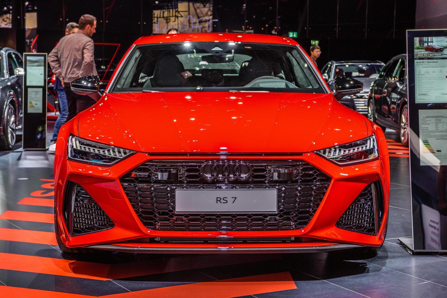 FRANKFURT, GERMANY - SEPT 2019 red AUDI RS7 A7 4K8 sedan, IAA International Motor Show Auto ...