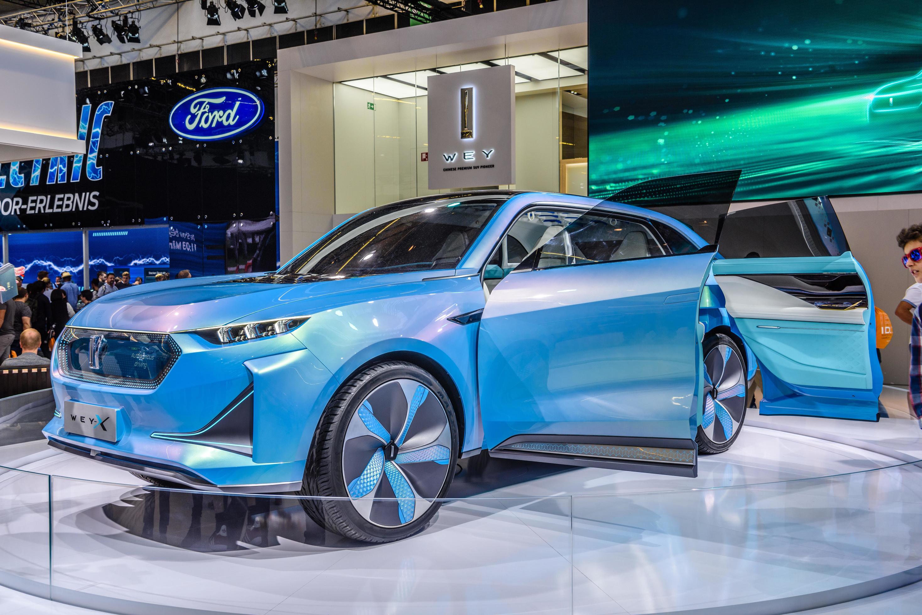 FRANKFURT, GERMANY - SEPT 2019 sky blue Great Wall Motors WEY-X Concept electric SUV Car, IAA ...