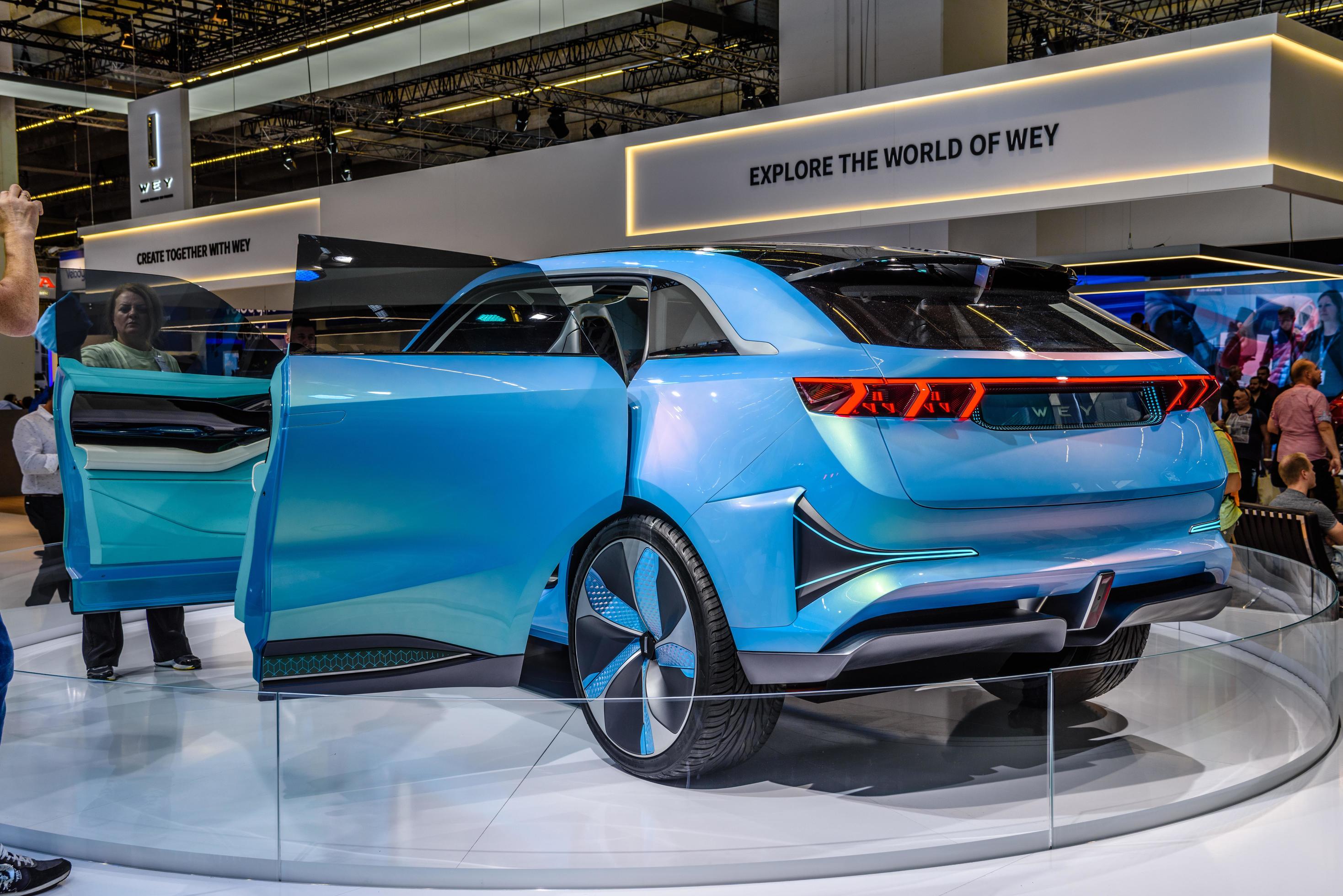 FRANKFURT, GERMANY - SEPT 2019 sky blue Great Wall Motors WEY-X Concept electric SUV Car, IAA ...