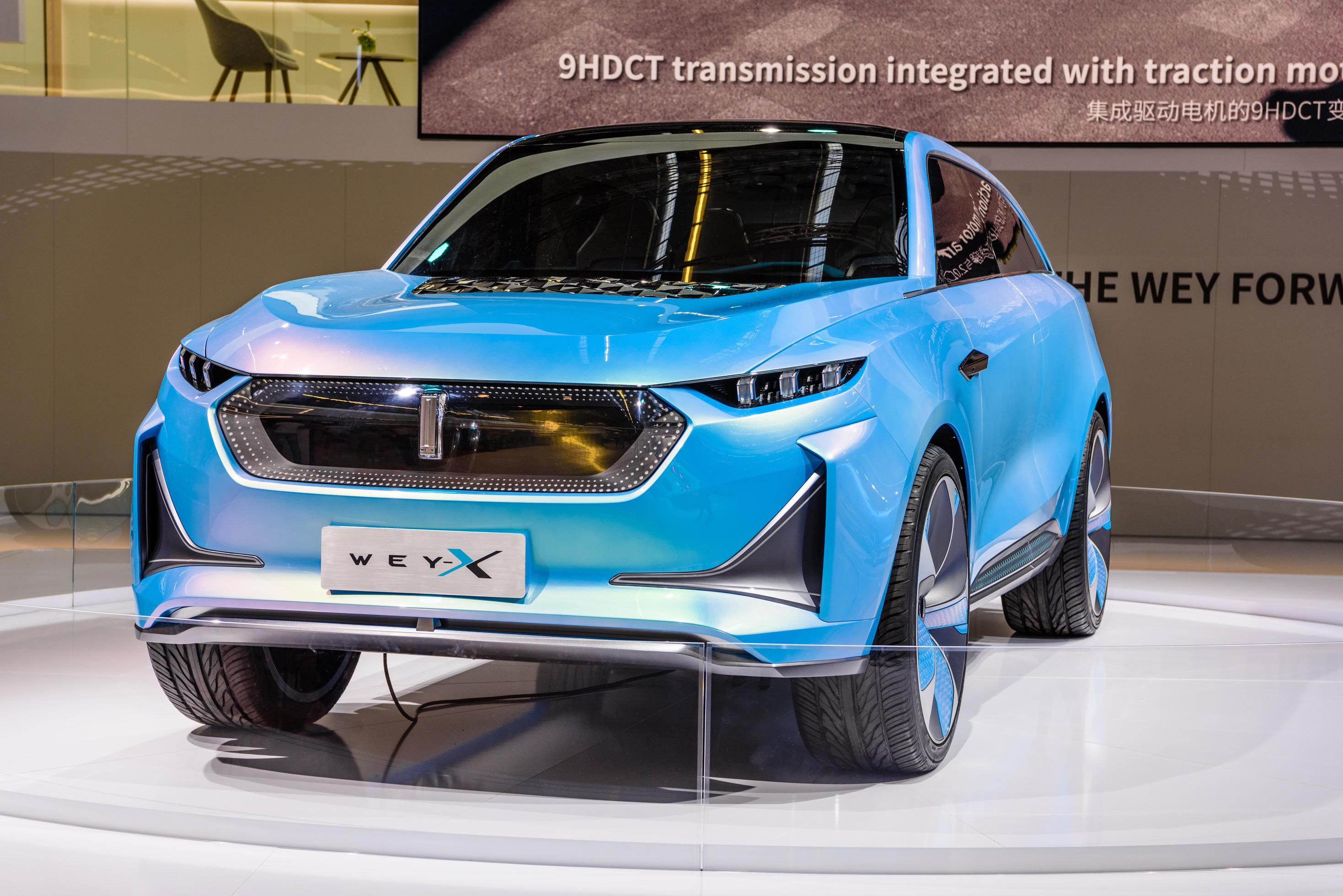 FRANKFURT, GERMANY - SEPT 2019 sky blue Great Wall Motors WEY-X Concept electric SUV Car, IAA ...