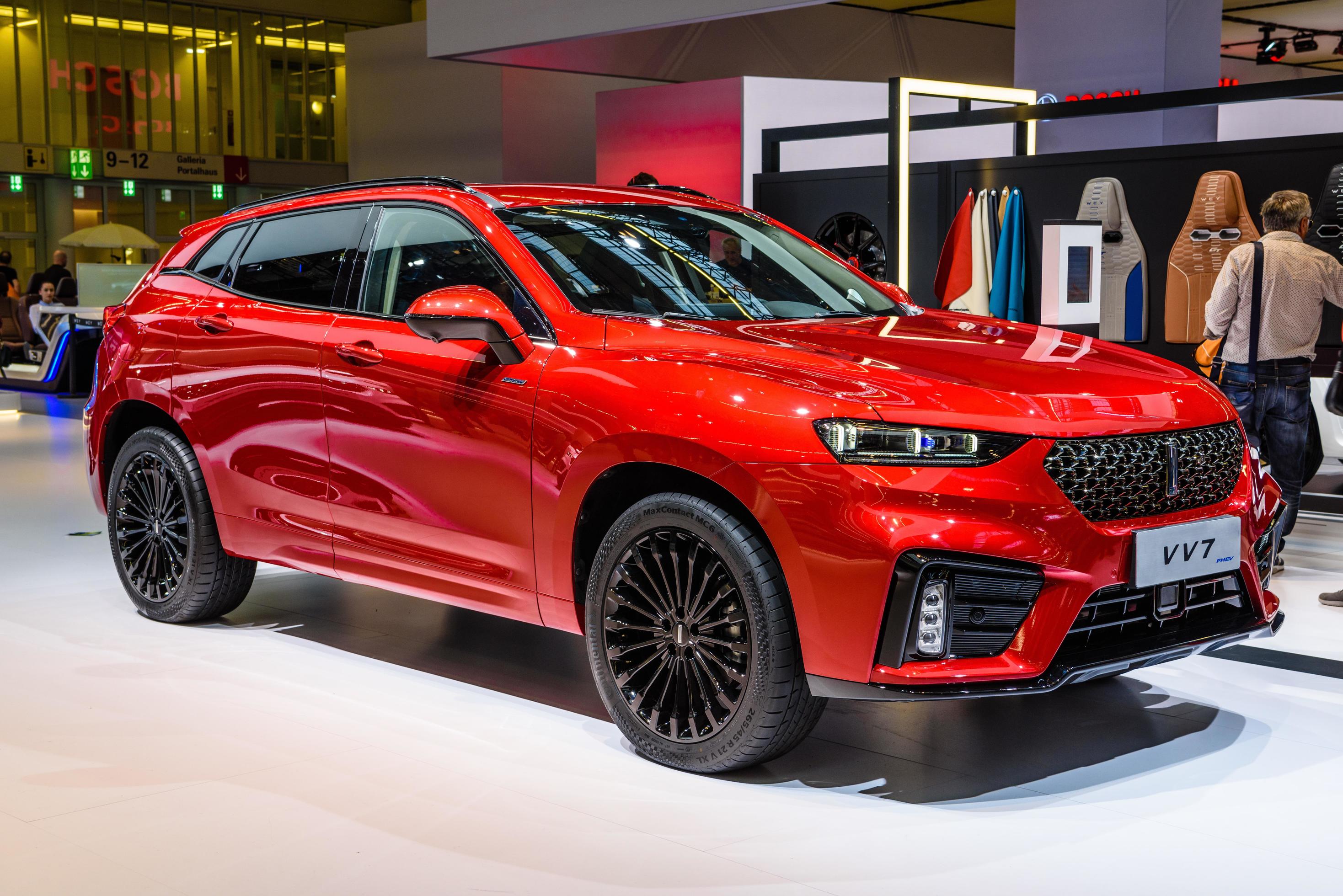 FRANKFURT, GERMANY - SEPT 2019 red Great Wall Motors WEY VV7 Concept electric SUV Car, IAA ...