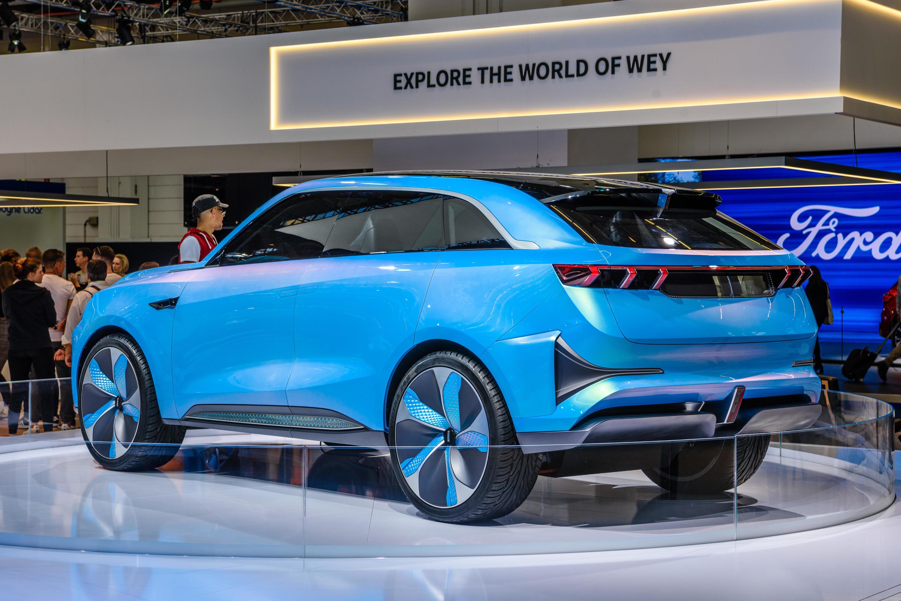 FRANKFURT, GERMANY - SEPT 2019 sky blue Great Wall Motors WEY-X Concept electric SUV Car, IAA ...