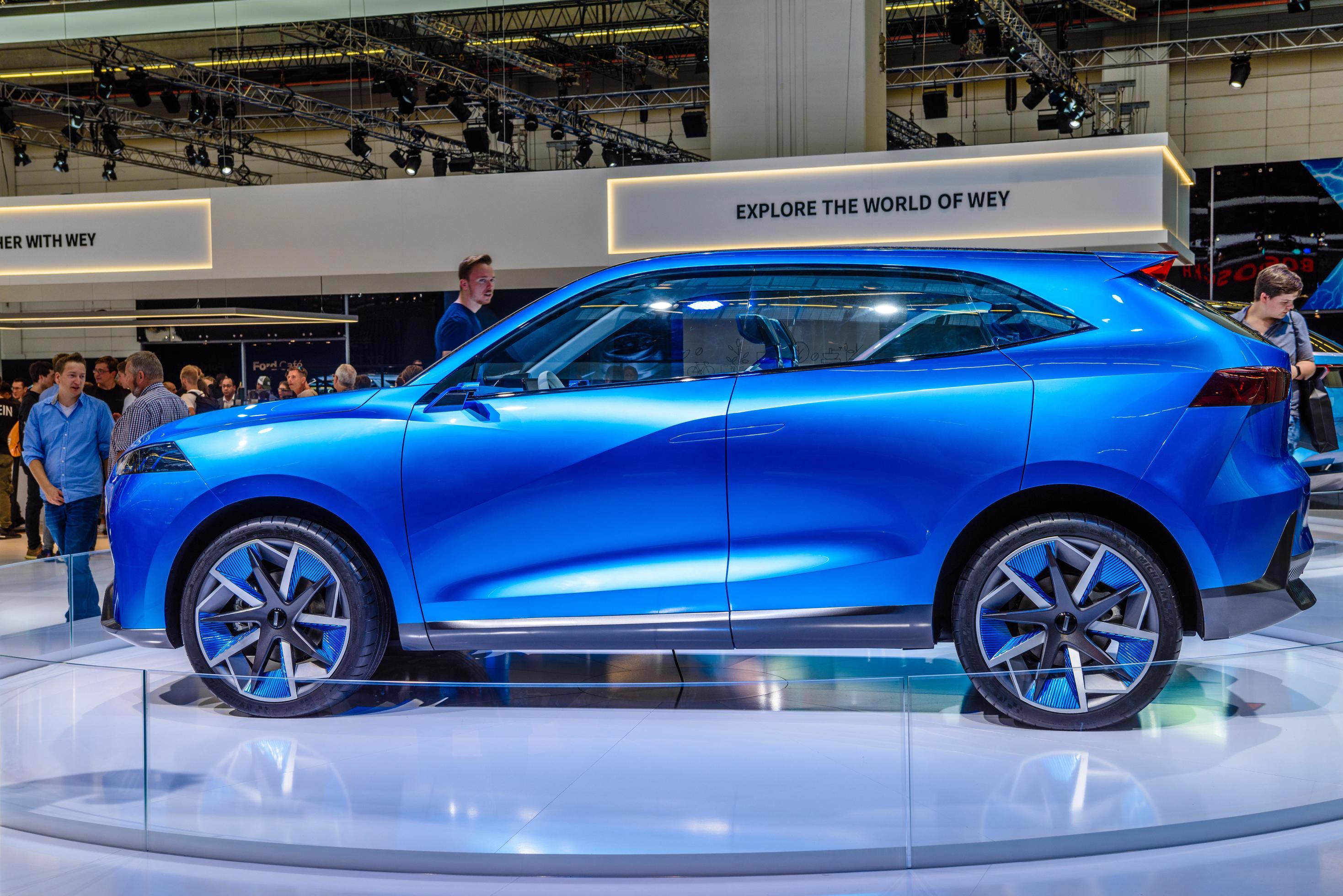 FRANKFURT, GERMANY - SEPT 2019 blue Great Wall Motors WEY-S Concept electric SUV Car, IAA ...