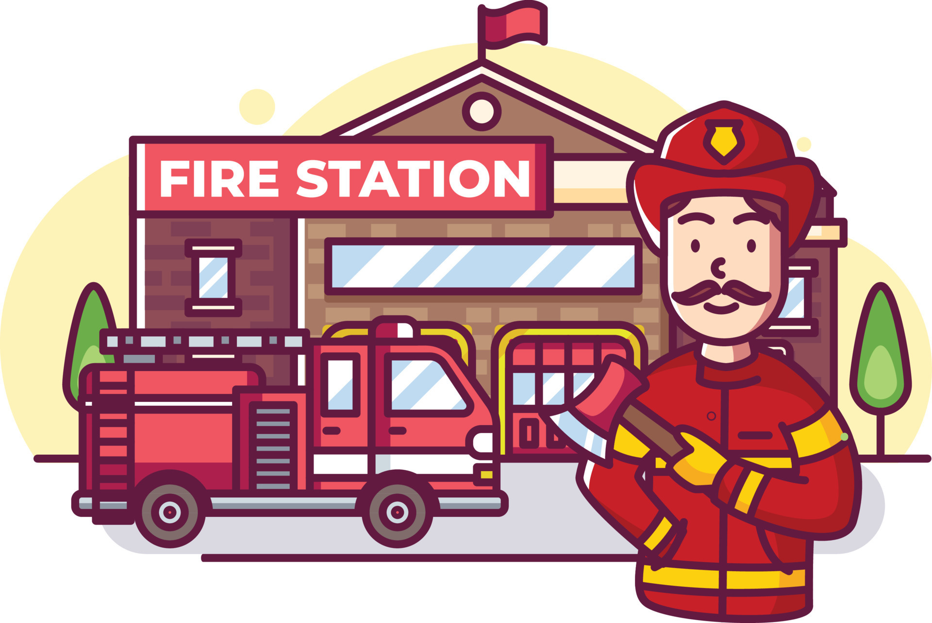 Fire fighter in front of fire station with fire truck 10666578 Vector ... Fire fighter in front of fire station with fire truck 10666578 Vector ...