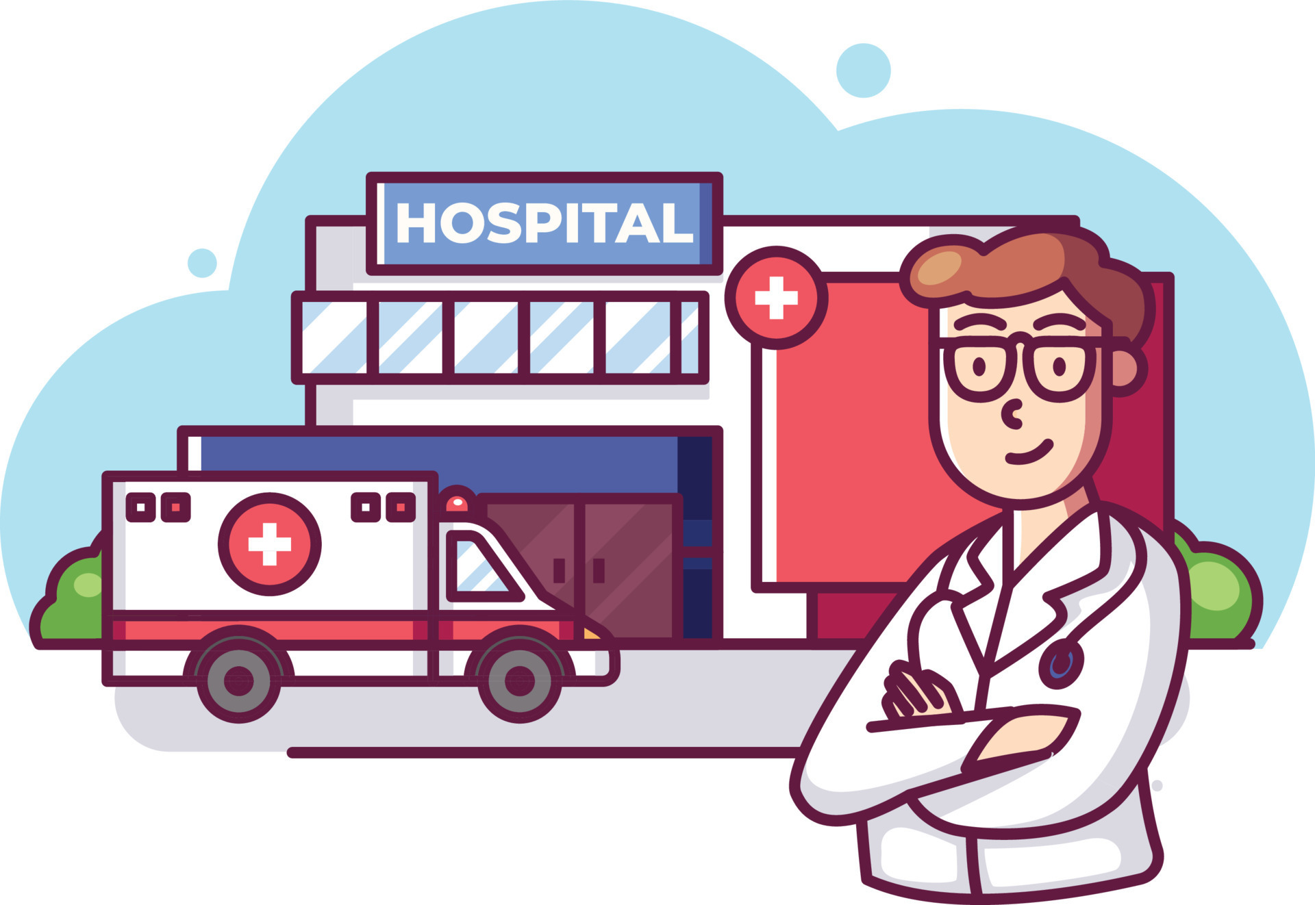 Doctor in front of Hospital with Ambulance 10666584 Vector Art at Vecteezy