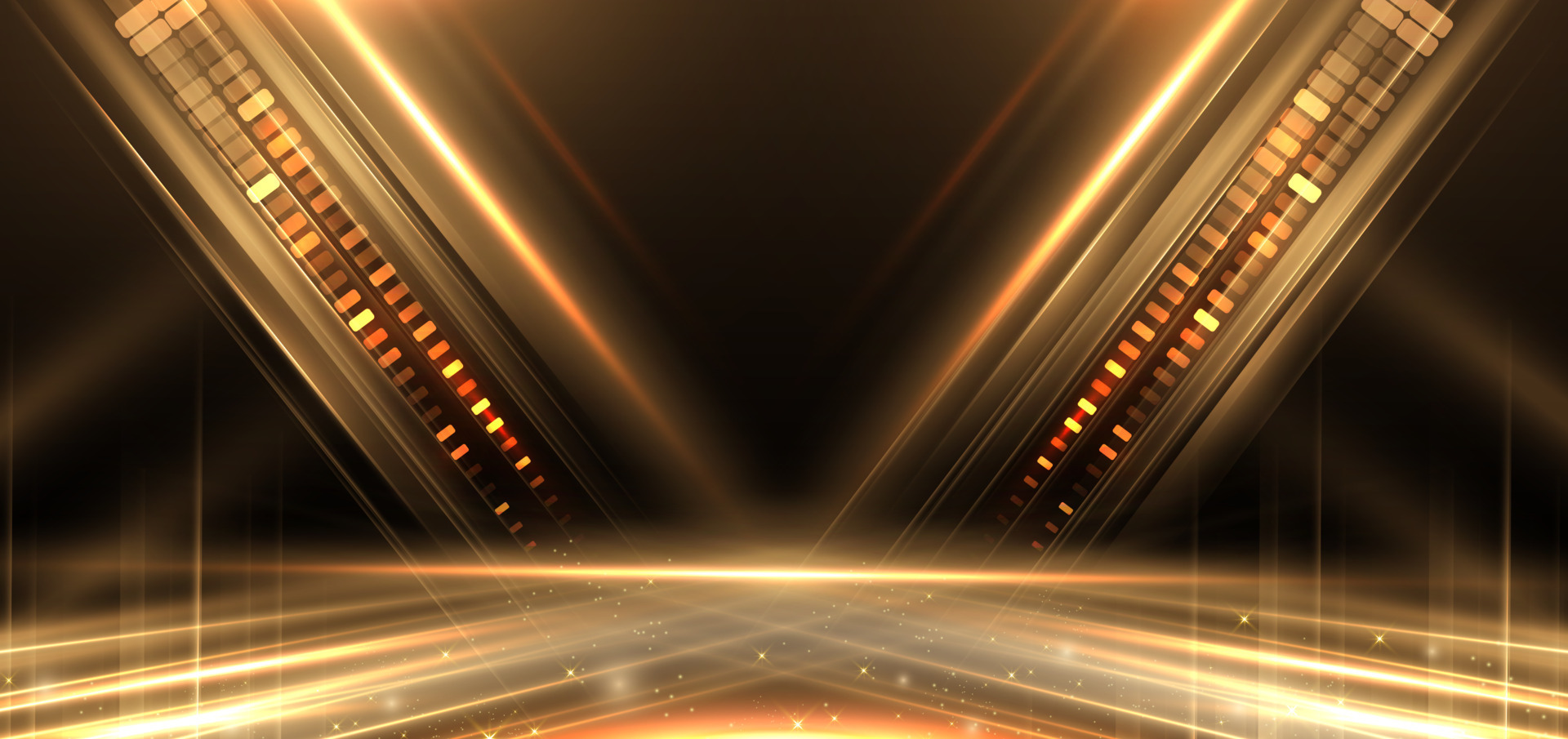 Elegant golden stage diagonal glowing with lighting effect sparkle on black background. Template ...