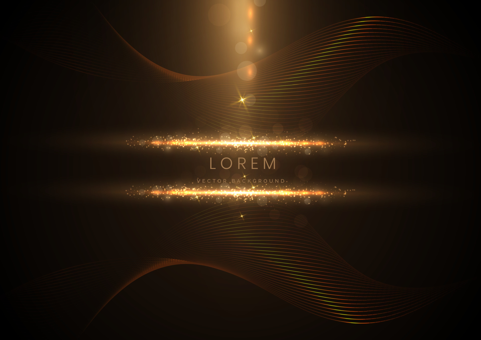 Abstract luxury golden glowing lines overlapping on black background with lighting effect ...