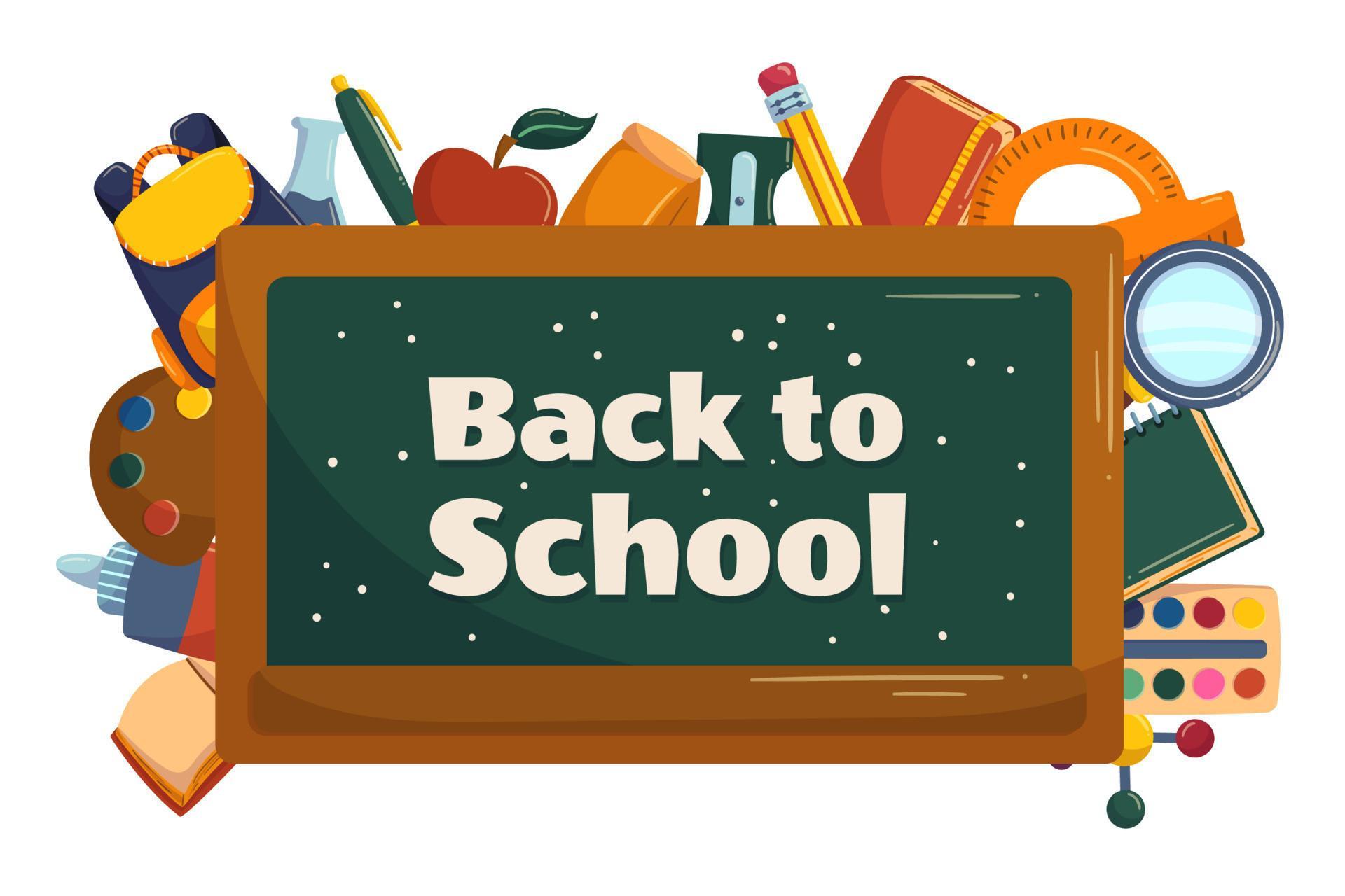 Colorful back to school background with classroom chalkboard and ...