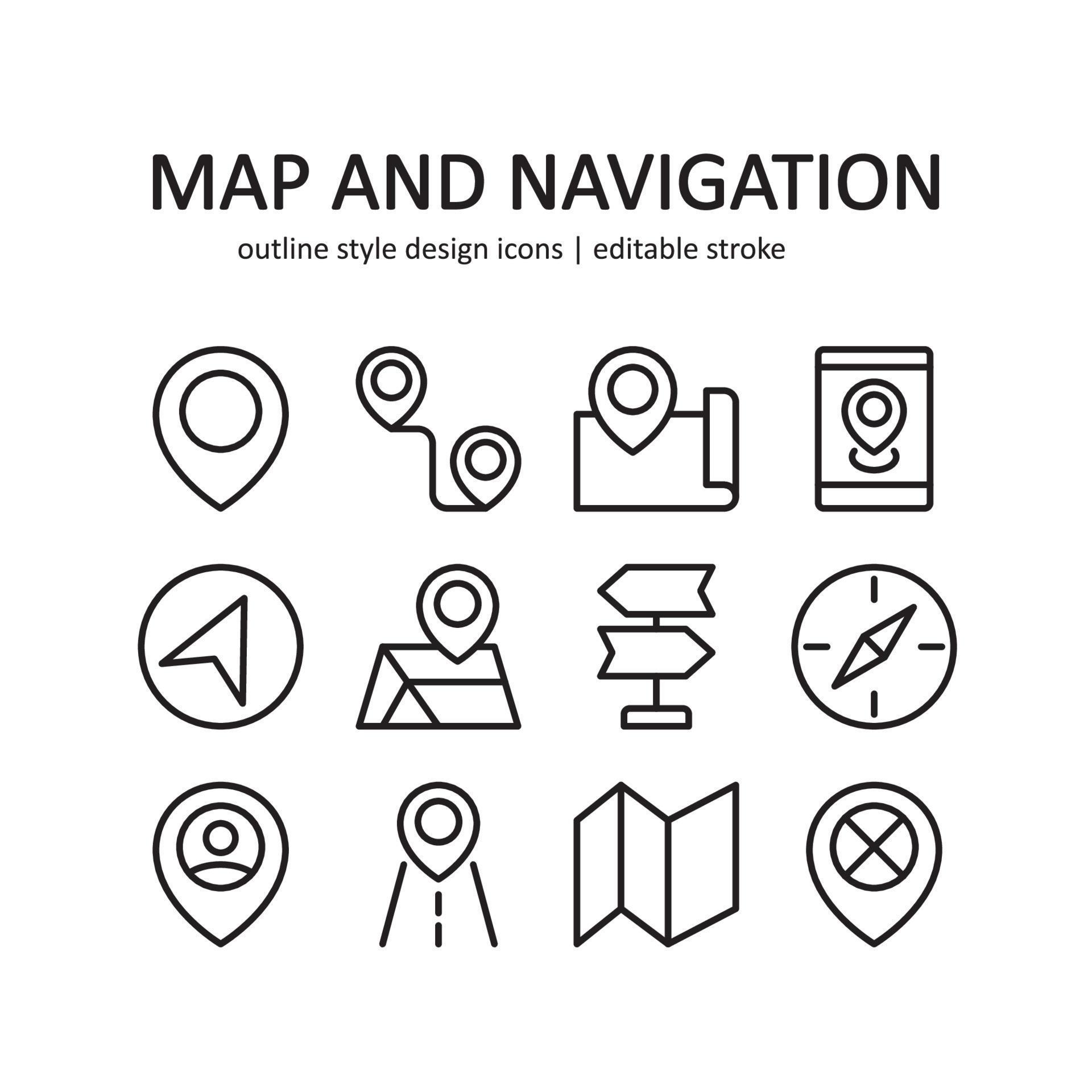 Map and navigation icon set. Contains such Icons as route, direction, and more. Line style ...