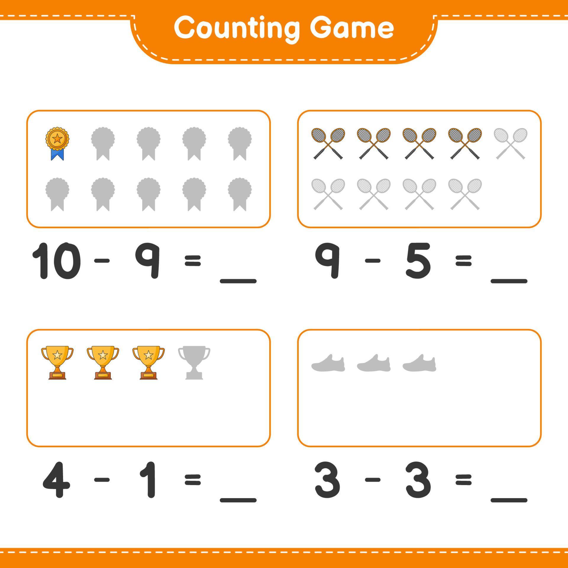 Count and match, count the number of Trophy, Running Shoes, Badminton ...