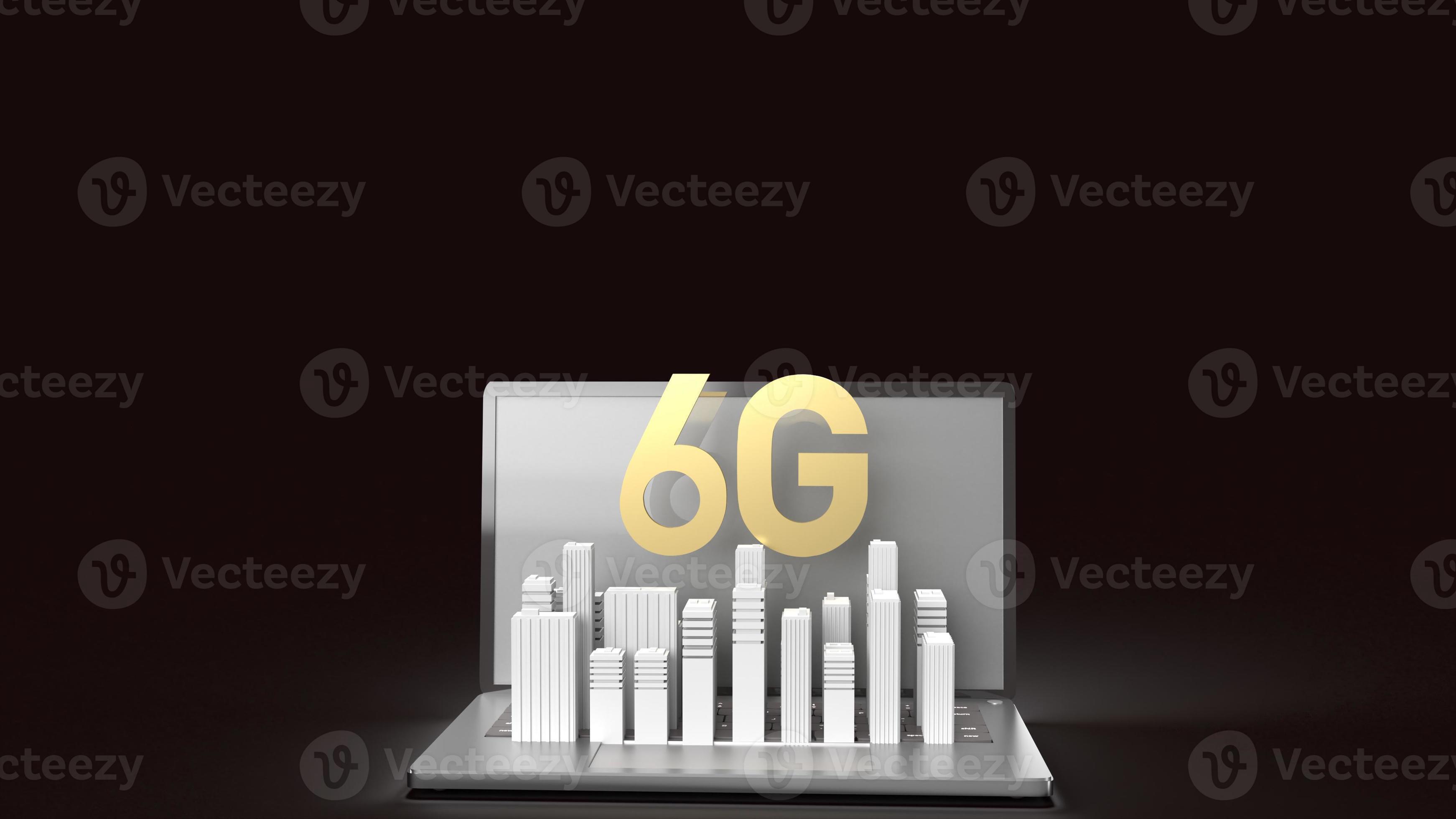 la superficie dorada de texto 6g de representación 3d brilla en el portátil y se crea en una ...