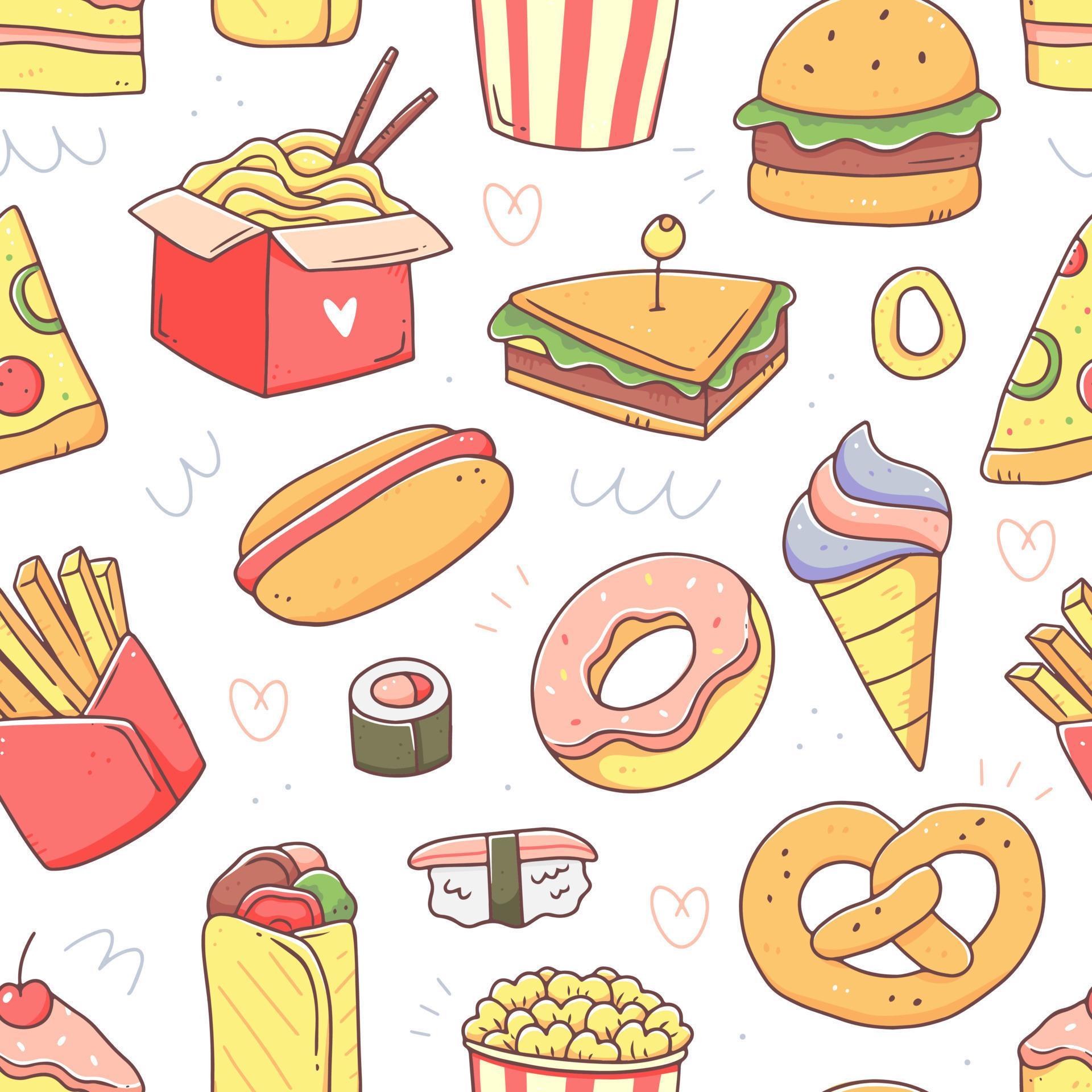 Fast food seamless pattern in cute kawaii doodle style. Vector junk ...