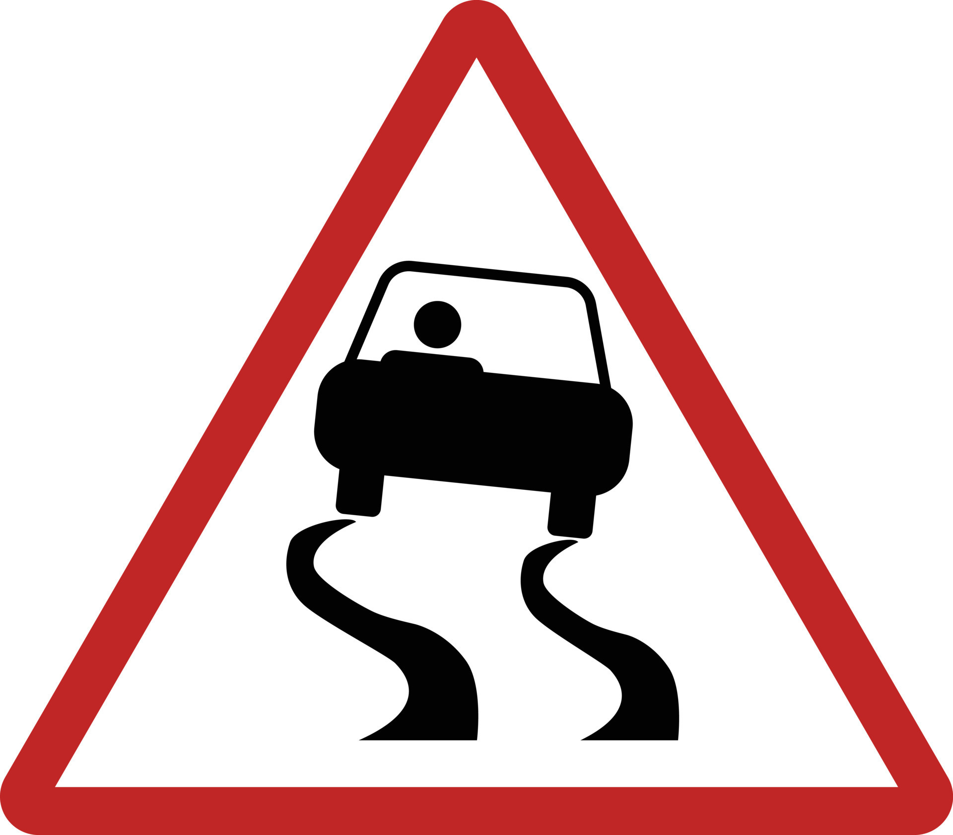 Red Triangle Slippery Road Sign Car Out Of Control Symbol Traffic Sign Warning Flat Style