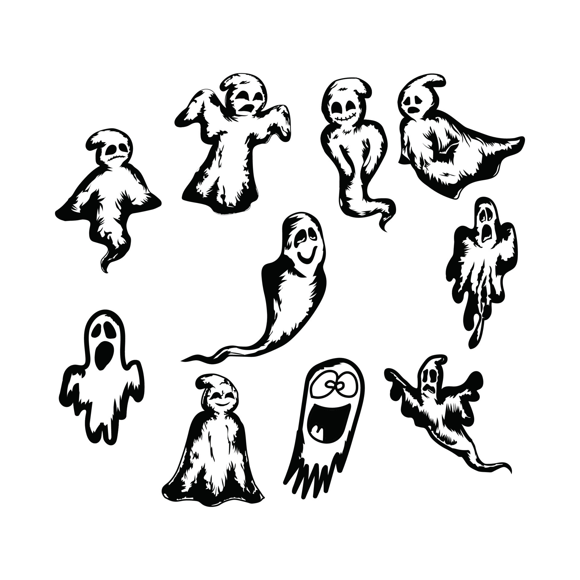 Different Halloween Ghost Vector Collection Cute Ghost Bundle Black Ghosts On White Background