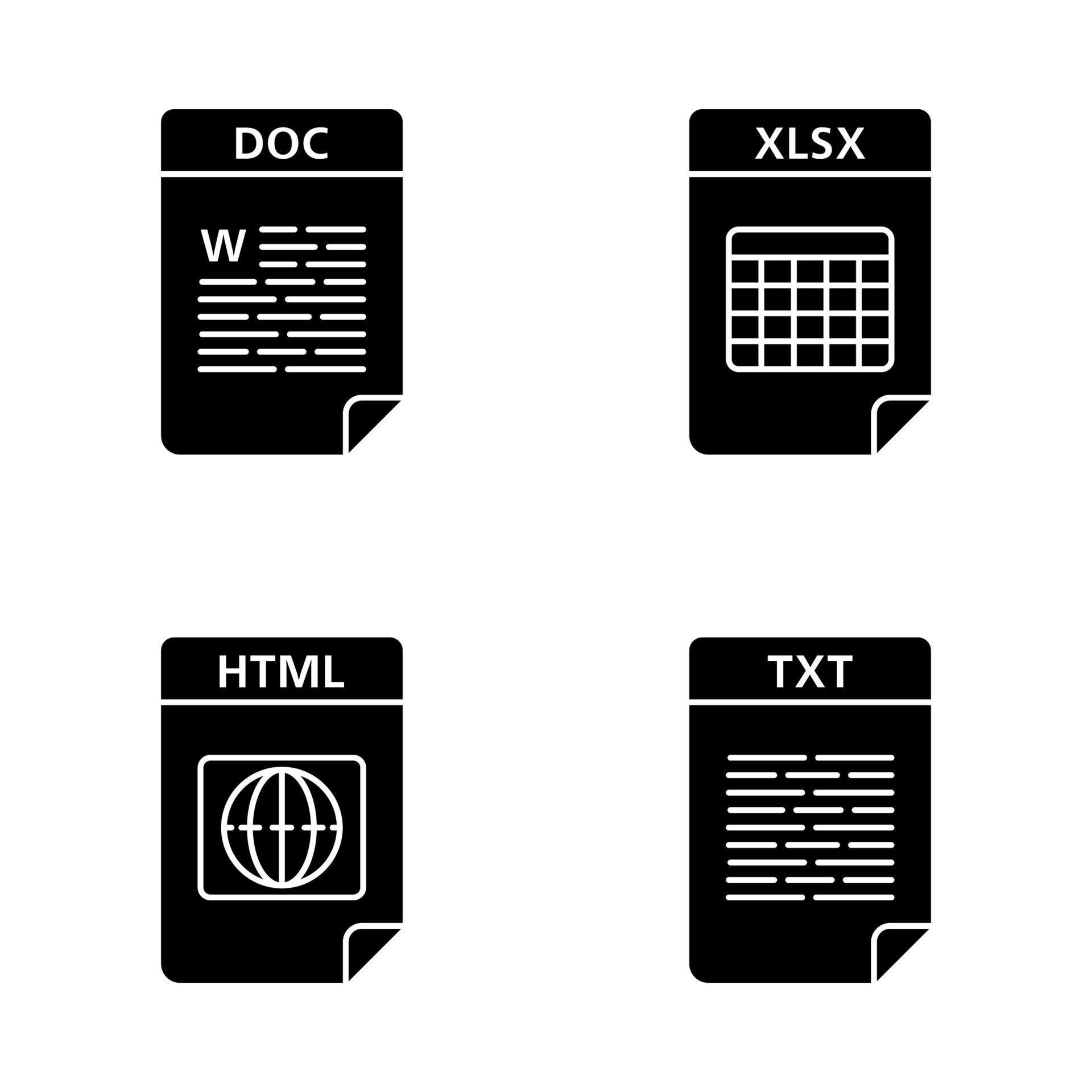 Files format glyph icons set. Text web and data files. DOC, XLSX, HTML, TXT. Silhouette symbols ...