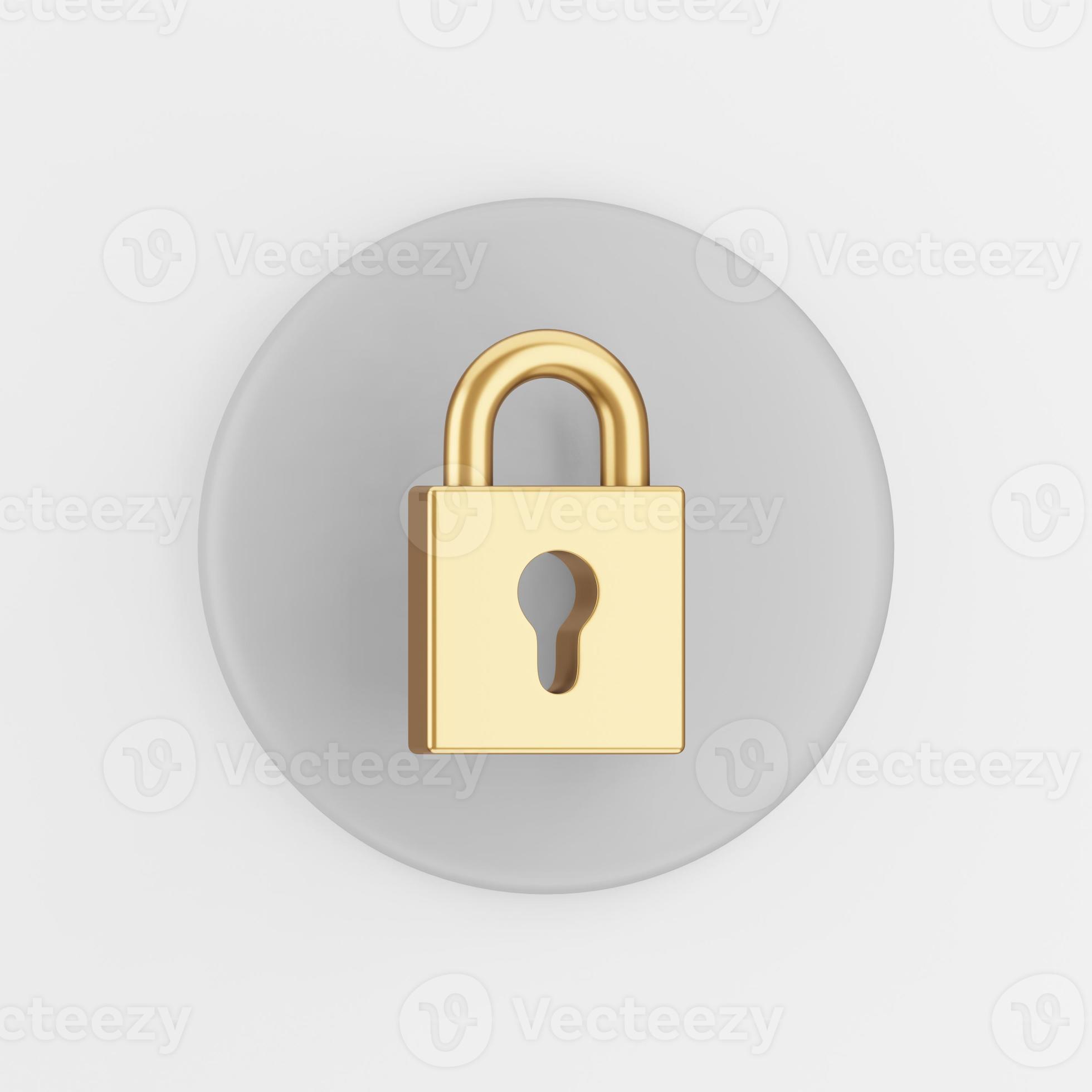 Golden closed padlock icon. 3d rendering gray round key button, interface ui ux element ...