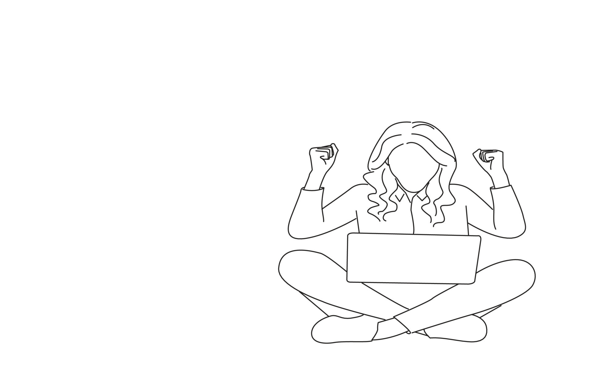 Drawing Of Ecstatic Business Woman Sit Floor Legs Crossed Work Remote