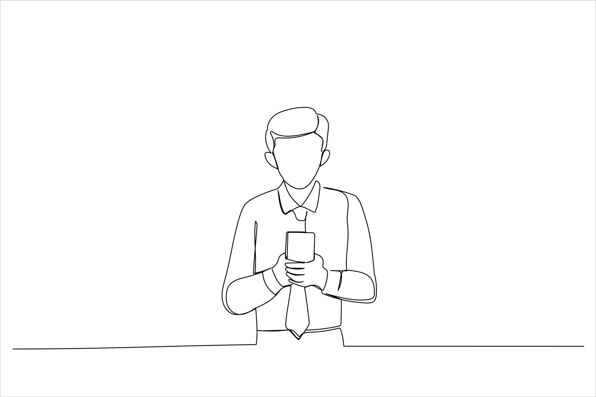 Drawing of young man using his phone while standing. Single continuous ...