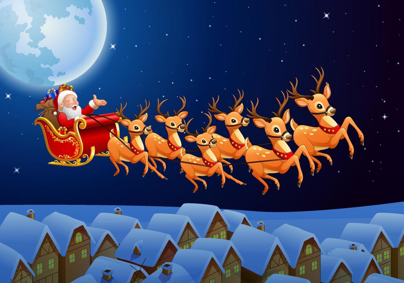 Santa Claus Riding His Reindeer Sleigh Flying Over Town 10777048 Vector