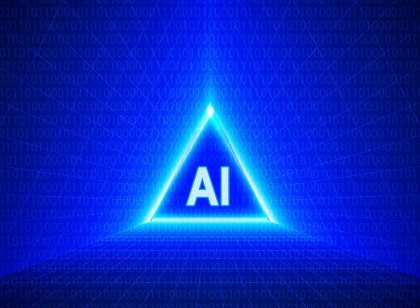 AI text on binary code and triangle matrix neon lines background. Artificial intelligence ...