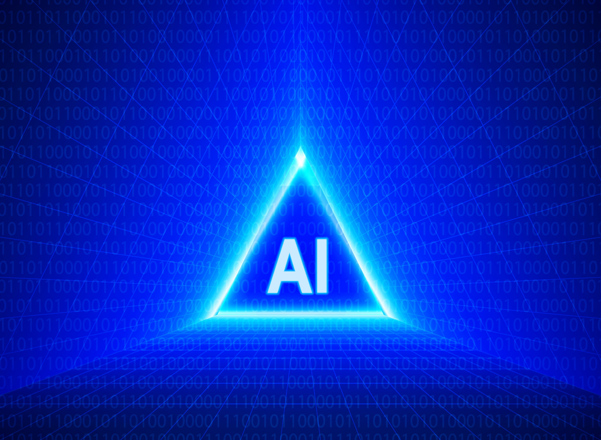AI text on binary code and triangle matrix neon lines background ...
