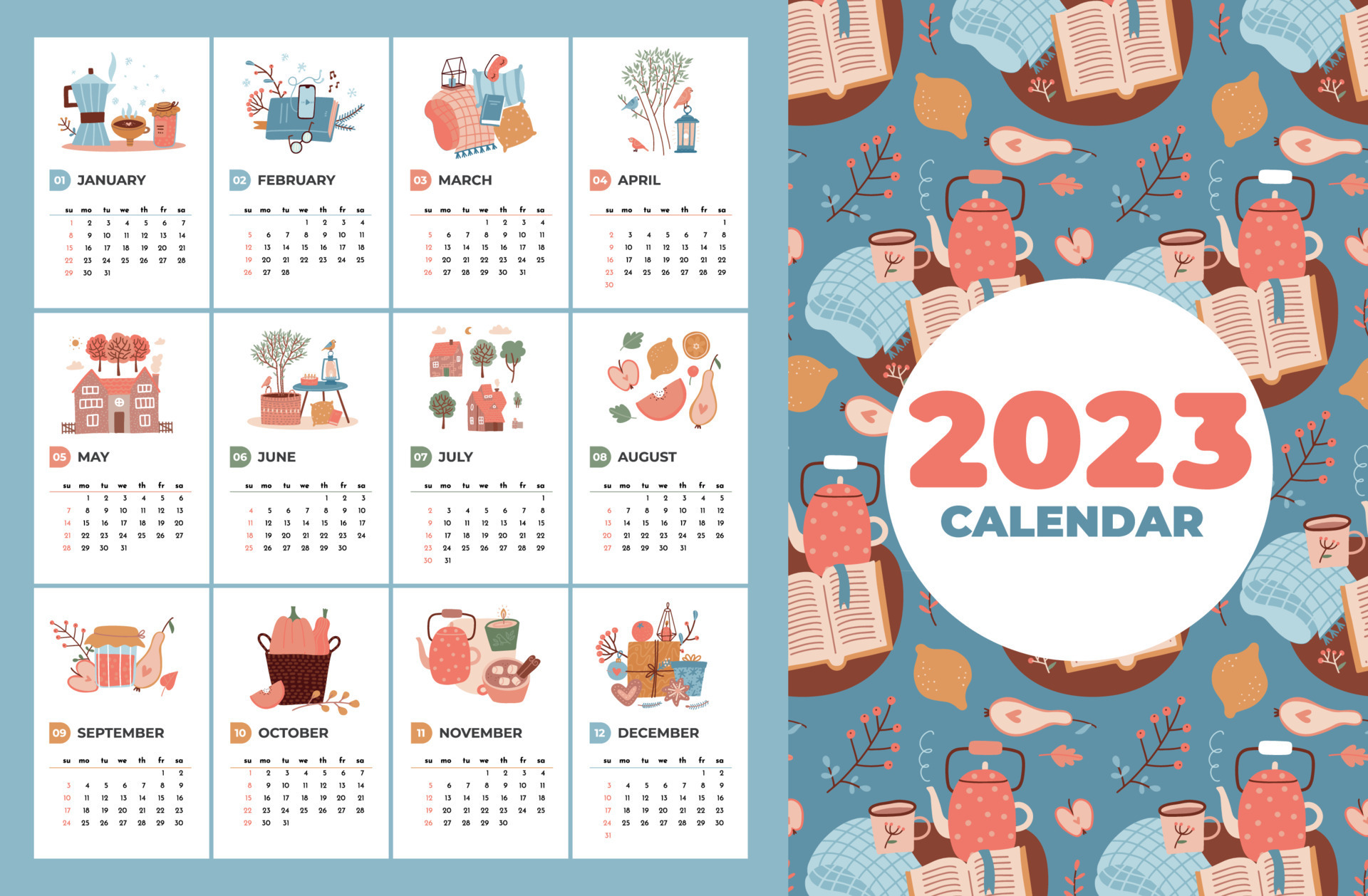 plantilla de calendario infantil 2023 con elementos acogedores de cuatro estaciones dibujados a ...