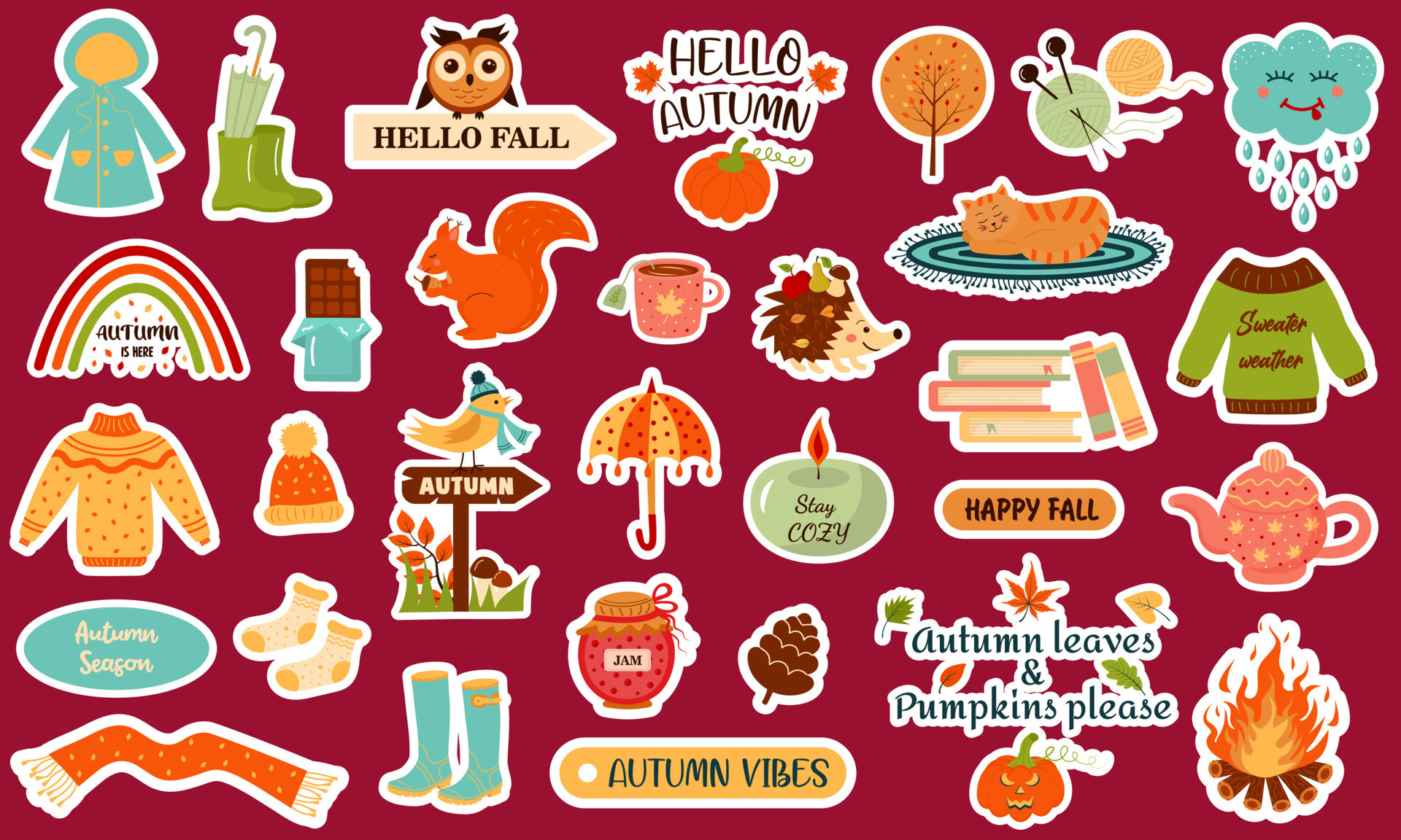 Autumn stickers collection with cozy seasonal elements. All stickers ... Autumn stickers collection with cozy seasonal elements. All stickers ...