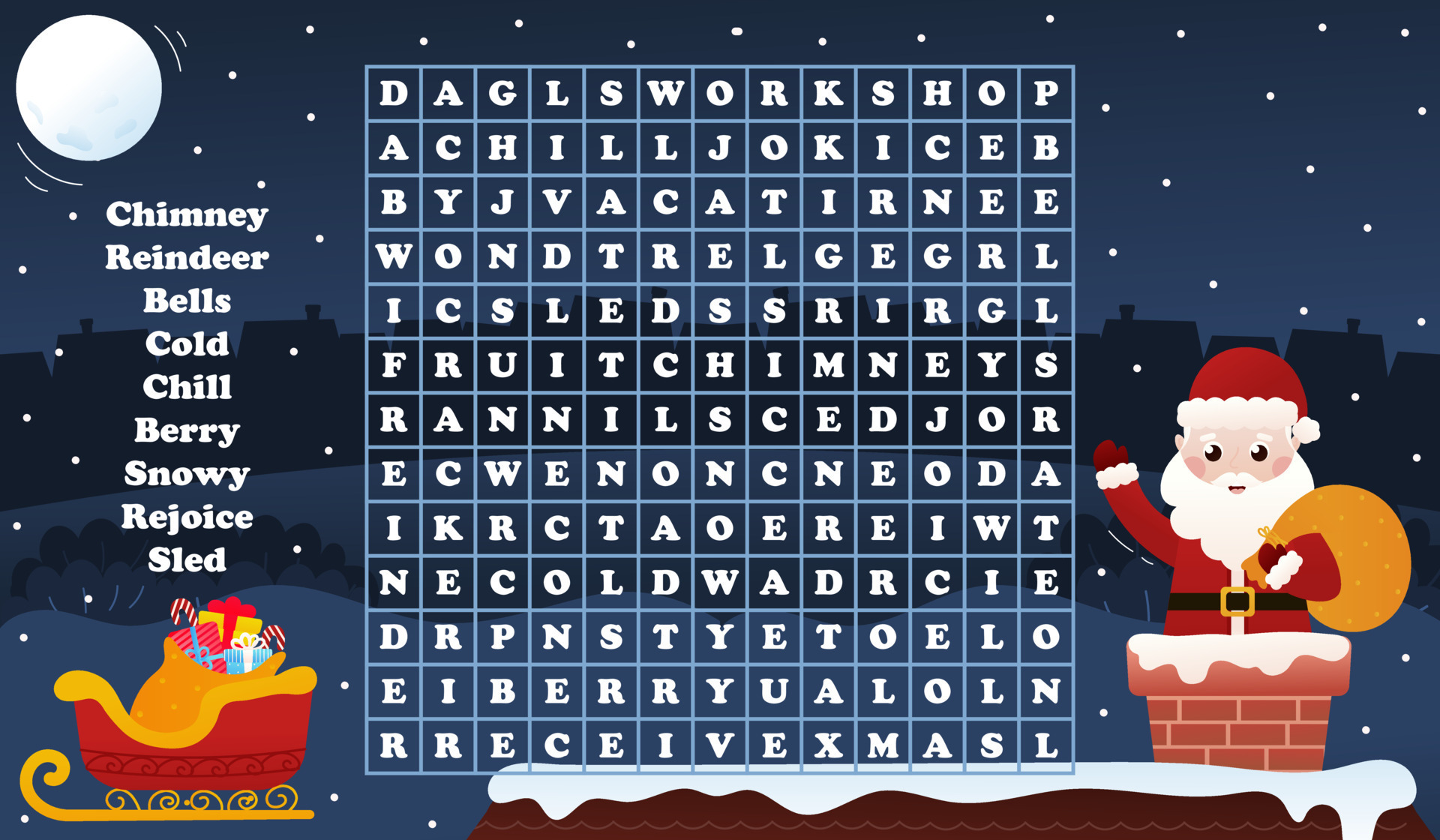 Christmas worksheet with word search game with santa claus waving from ...