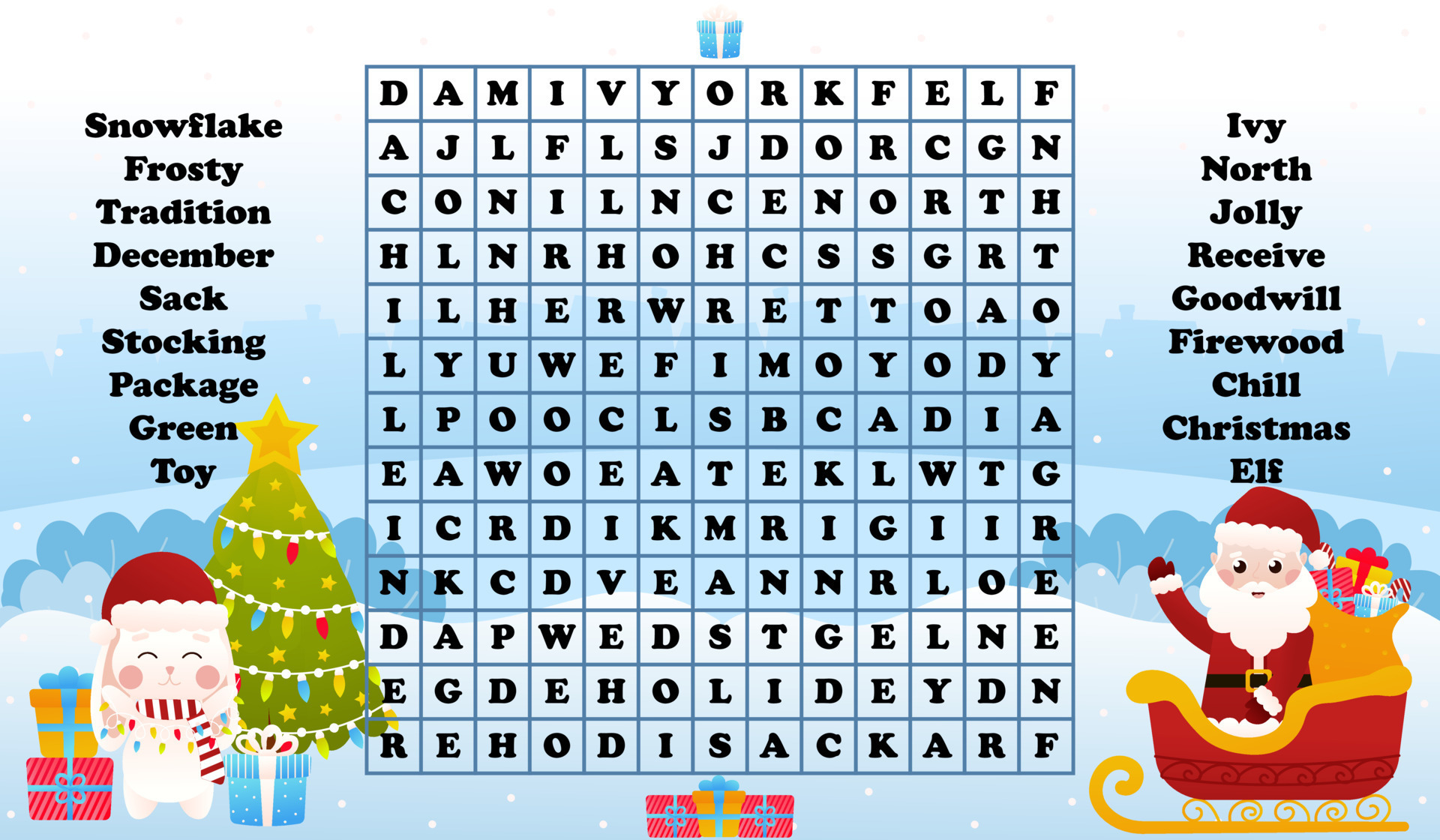 Christmas worksheet with word search game with santa claus and bunny ...