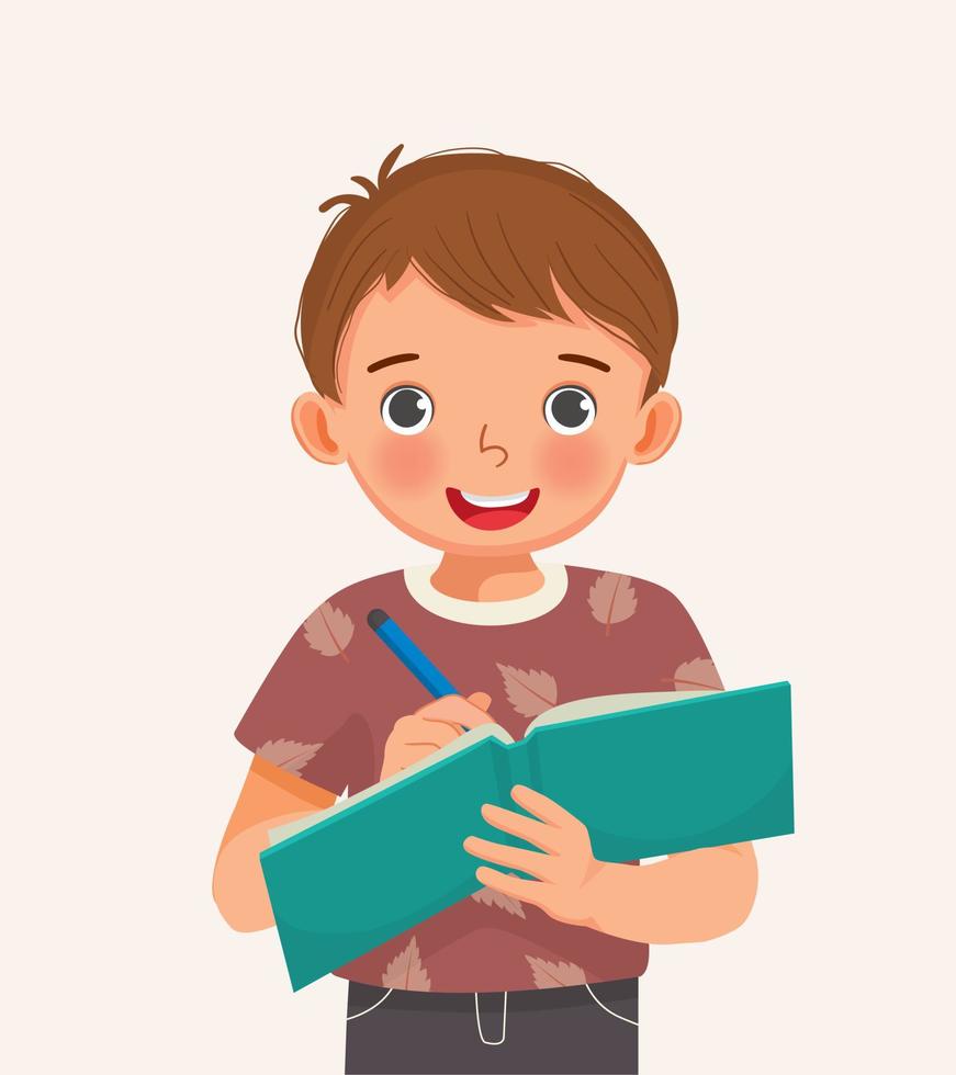lindo niño estudiante sosteniendo bolígrafo y cuaderno escribiendo ... lindo niño estudiante sosteniendo bolígrafo y cuaderno escribiendo ...