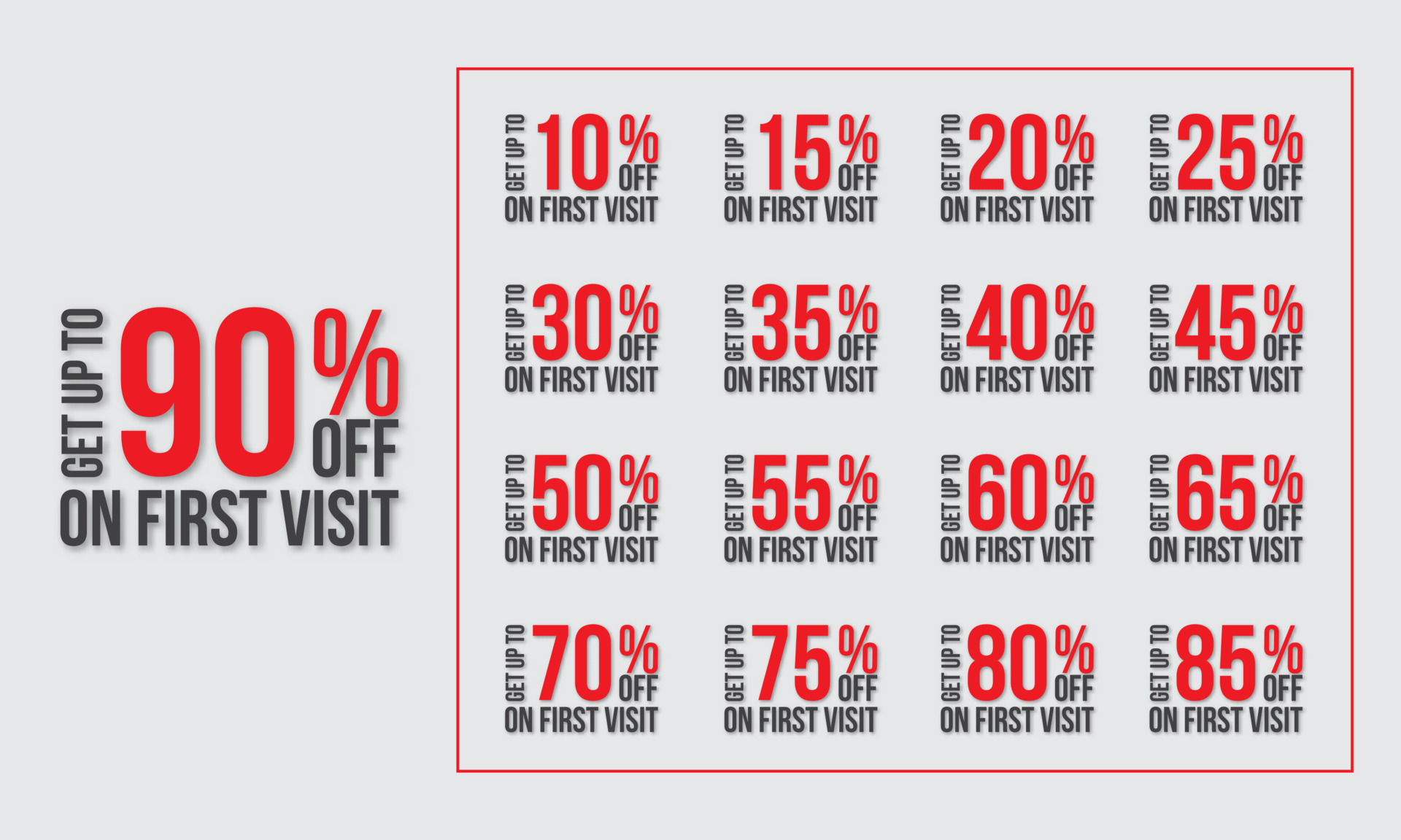 conjunto de números descuento especial hasta en la primera visita 10, 20, 30, 40, 50, 60, 70, 80 ...