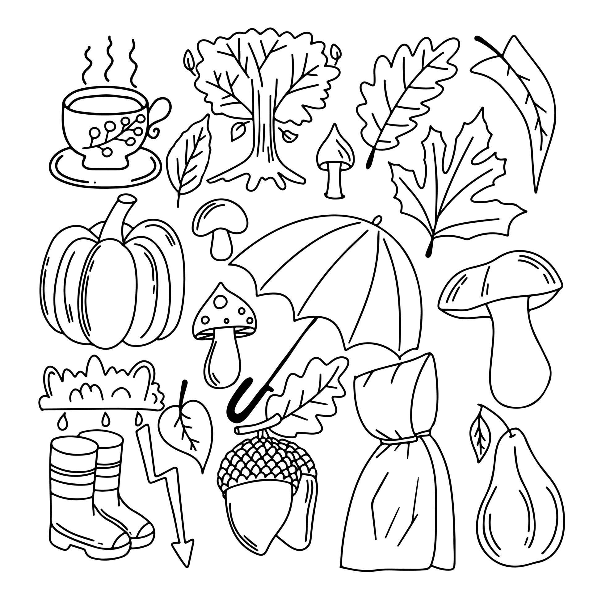 Autumn doodles. Hand drawn set of sketches. rubber boots, cloud, book ...