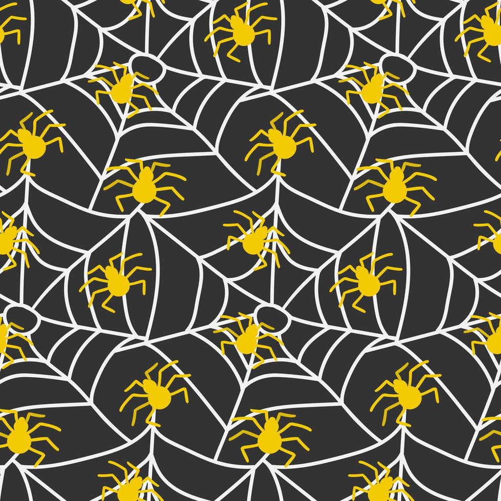 Spooky cobweb and yellow spiders seamless pattern isolated vector illustration. Spiderweb ...